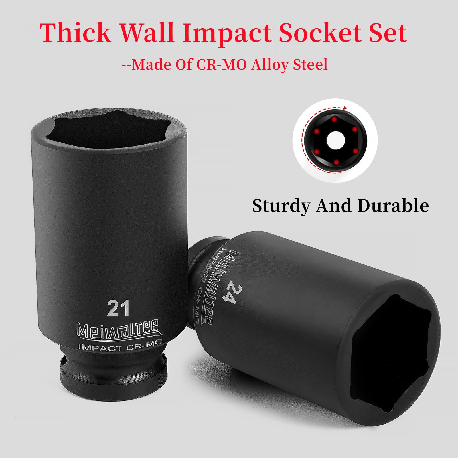 Meiwaltee 1/2" Drive Deep Impact Socket Set, 20PCS Metric10-24mm socket Assortment include 3'' 5'' 10'' Extension Bar,Cr-MO steel with black phosphate coating