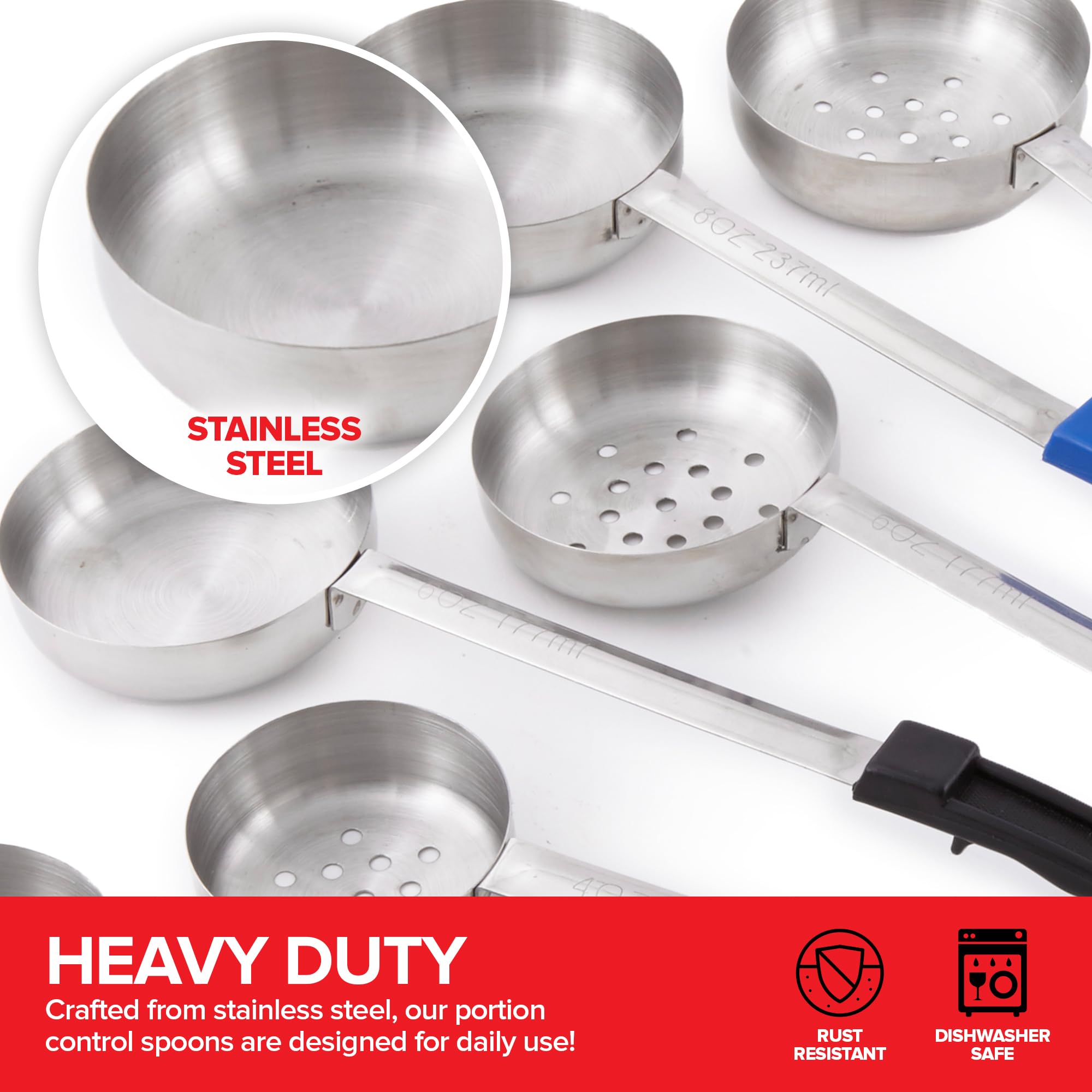 Portion Control Serving Spoons (Set of 8), Slotted & Unslotted Portion Scoops for Food, Heavy Duty Stainless Steel Utensils for Portion Control, 2, 4, 6, and 8oz Scoops for Portion Perfection