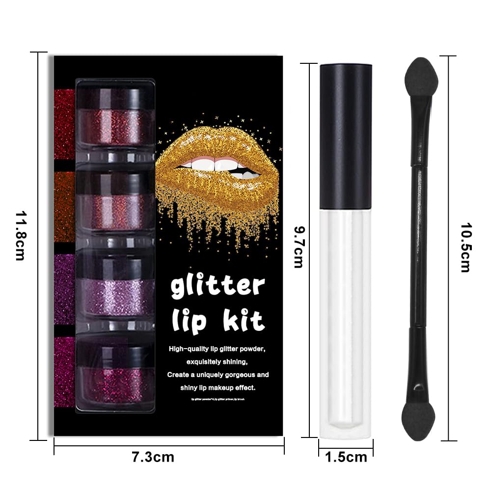 IYARKAI Glitter Lip Kit, 4 Colors Glitter Lip Kit Gloss, Metallic Shimmer Glitter Powder, With Lip Primer and Brush for Making Metallic Glitter for Lips and Nails
