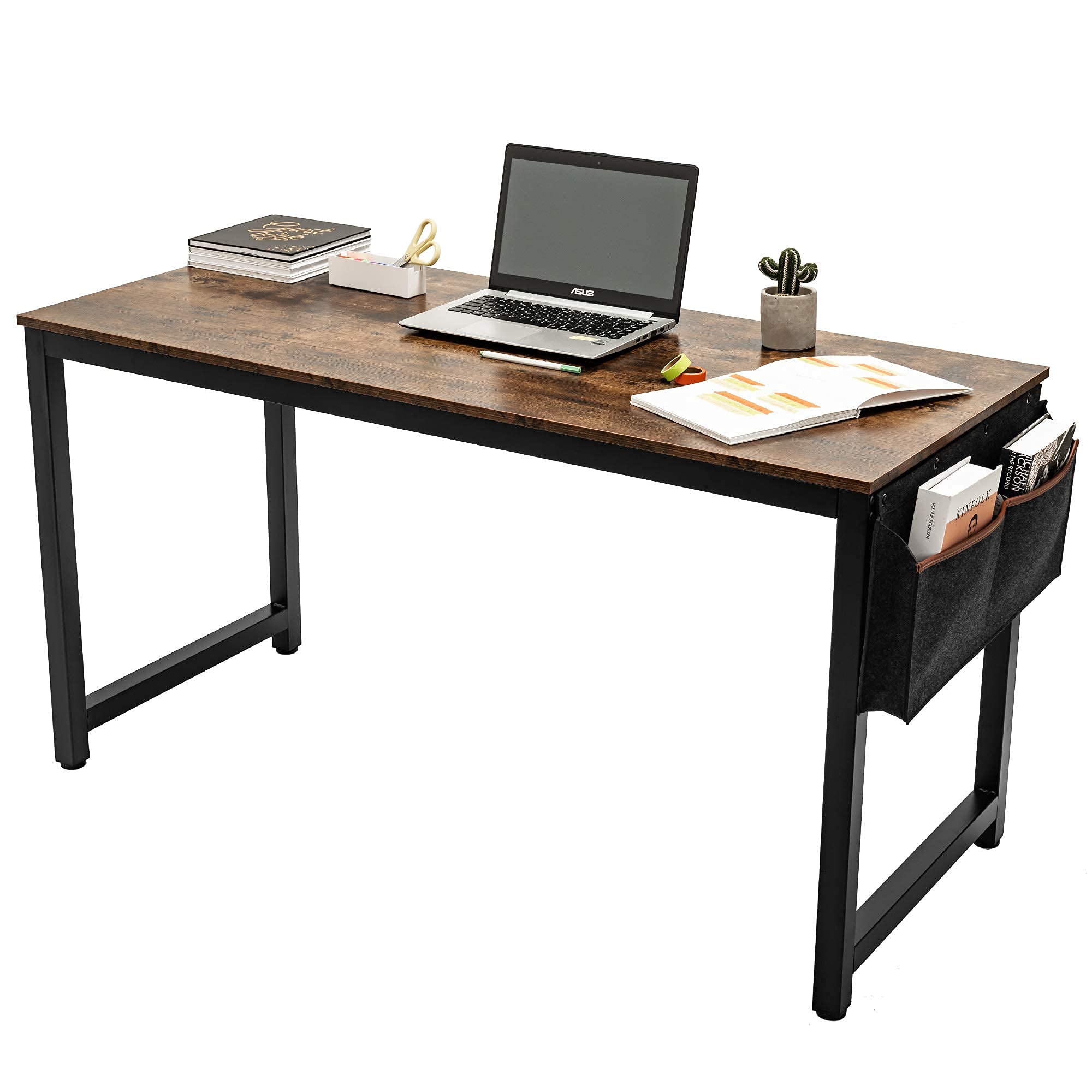 KIKIBRO Computer Desk, 39.4" Study Writing Table with Headphone Hook Storage Bag for Home Office Students, Industrial Simple Style PC Desk, Black Metal Frame, Rustic