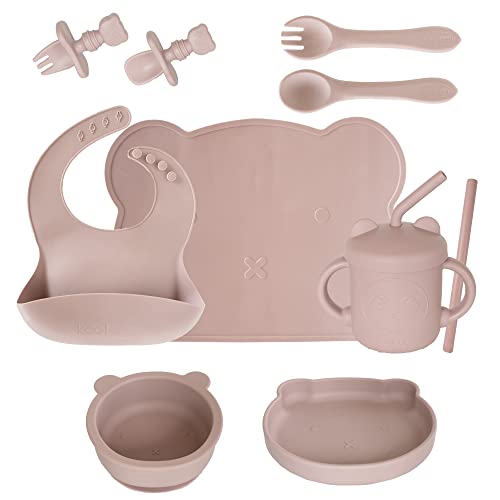 KOOLKIDD 11 in 1 Silicone Baby Feeding Set with Suction Bowl Plate Sippy Cup Spoons Forks Adjustable Bib Placemat for 6+ Months Dishwasher and Microwave Safe (Pink)