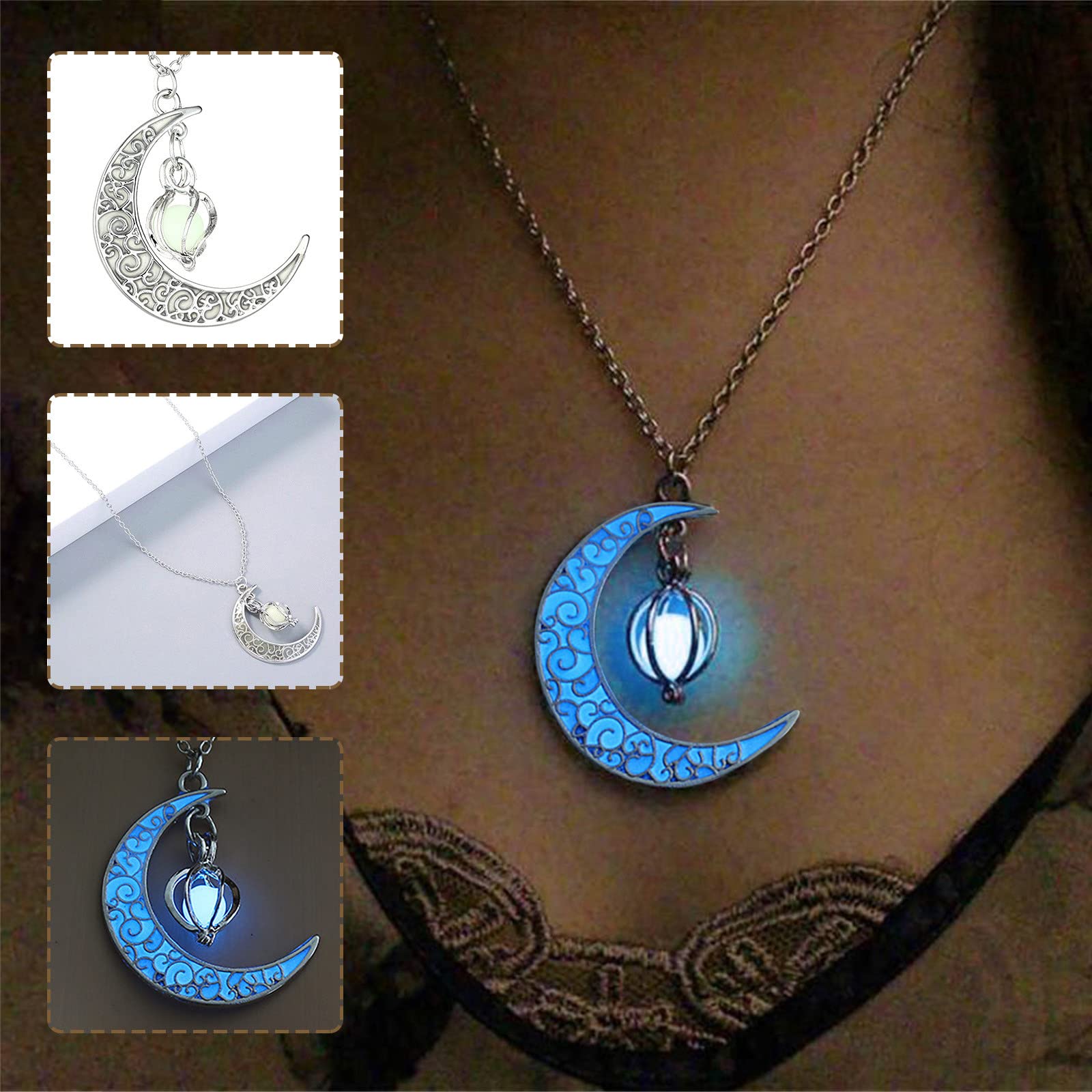 Pendant Necklaces for Women, Hollow Rotating Bead Luminous Moon Pendants, Luminous Enchanted Moonstone Necklace, Birthday Anniversary Jewelry Gift, One Size