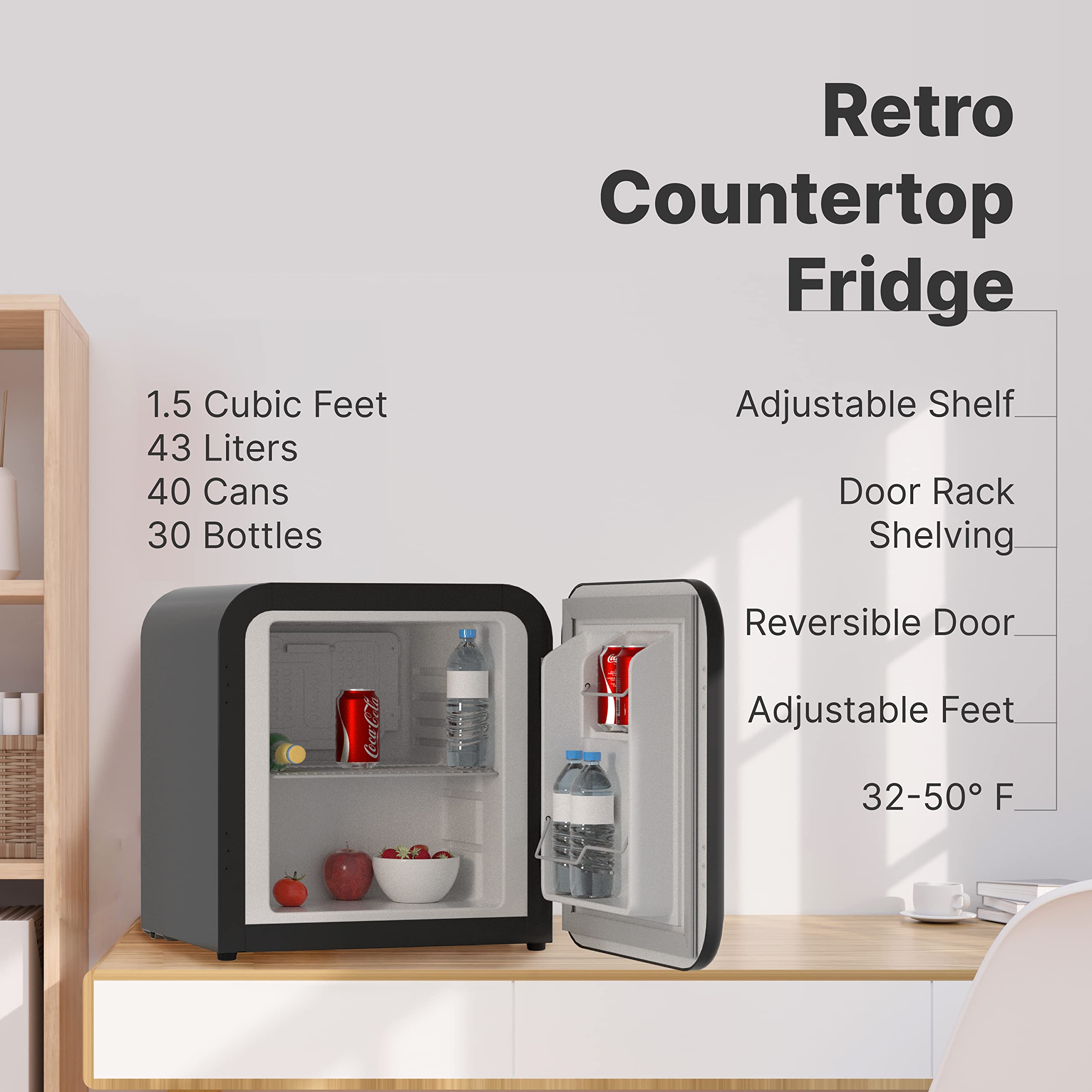 Husky Premium Retro Mini Refrigerator with 1.5 Cu.ft./43L Capacity, Countertop Mini Fridge with Reversible Door, Freestanding Mini RetroFridge for Bedroom, Bar, and Office