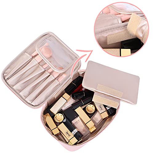 Katadem Travel Makeup Bag,Large Opening Makeup Bag,Portable Makeup Bag Opens Flat for Easy Access, Toiletry Bag,PU Leather Makeup Bag,Large Cosmetic Organizer for Women (ppink)