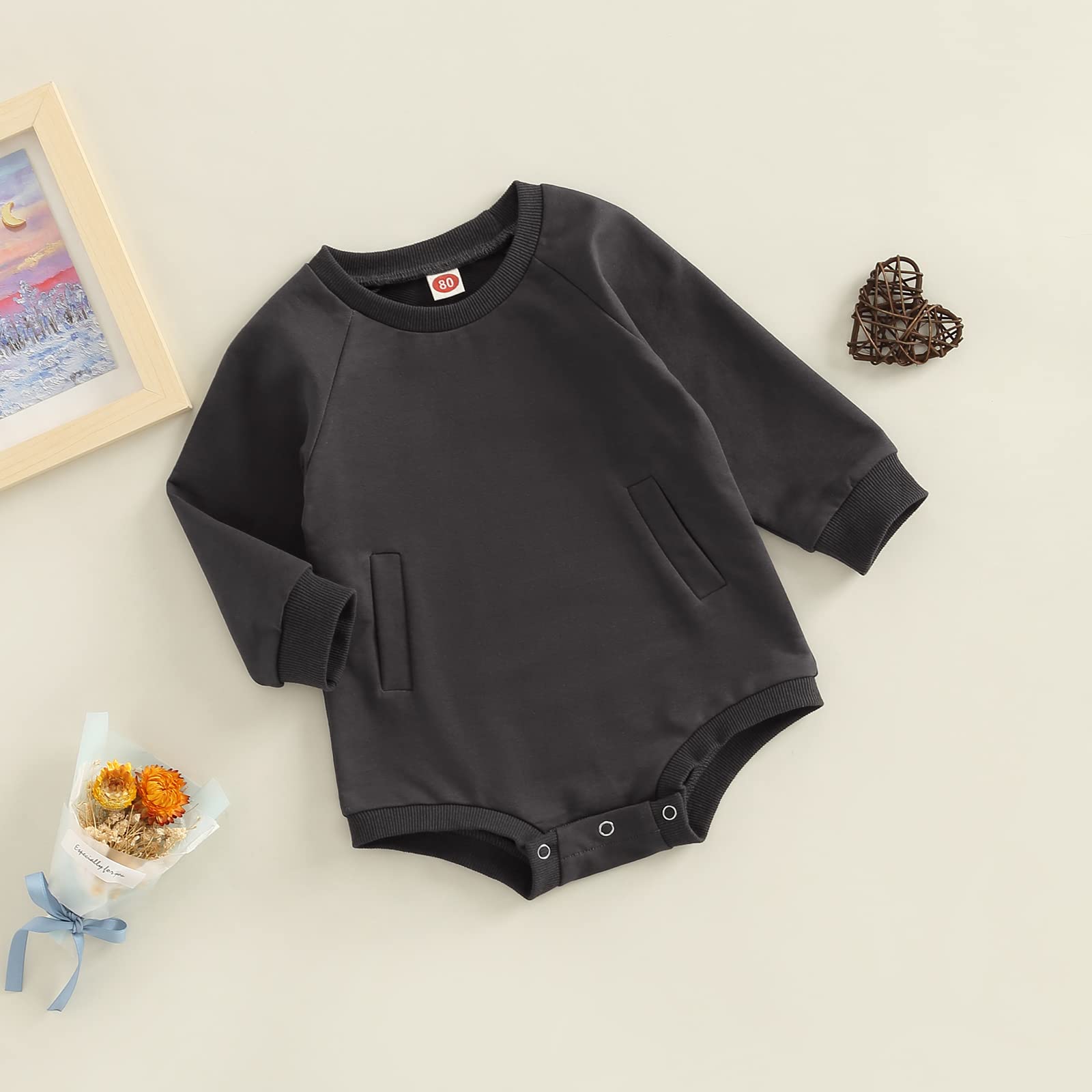 Newborn Infant Baby Boy Girl Basic Plain Pocket Long Sleeve Romper Bodysuit Tops Solid Fall Outfit Clothes (Black Gray, 0-6 Months)
