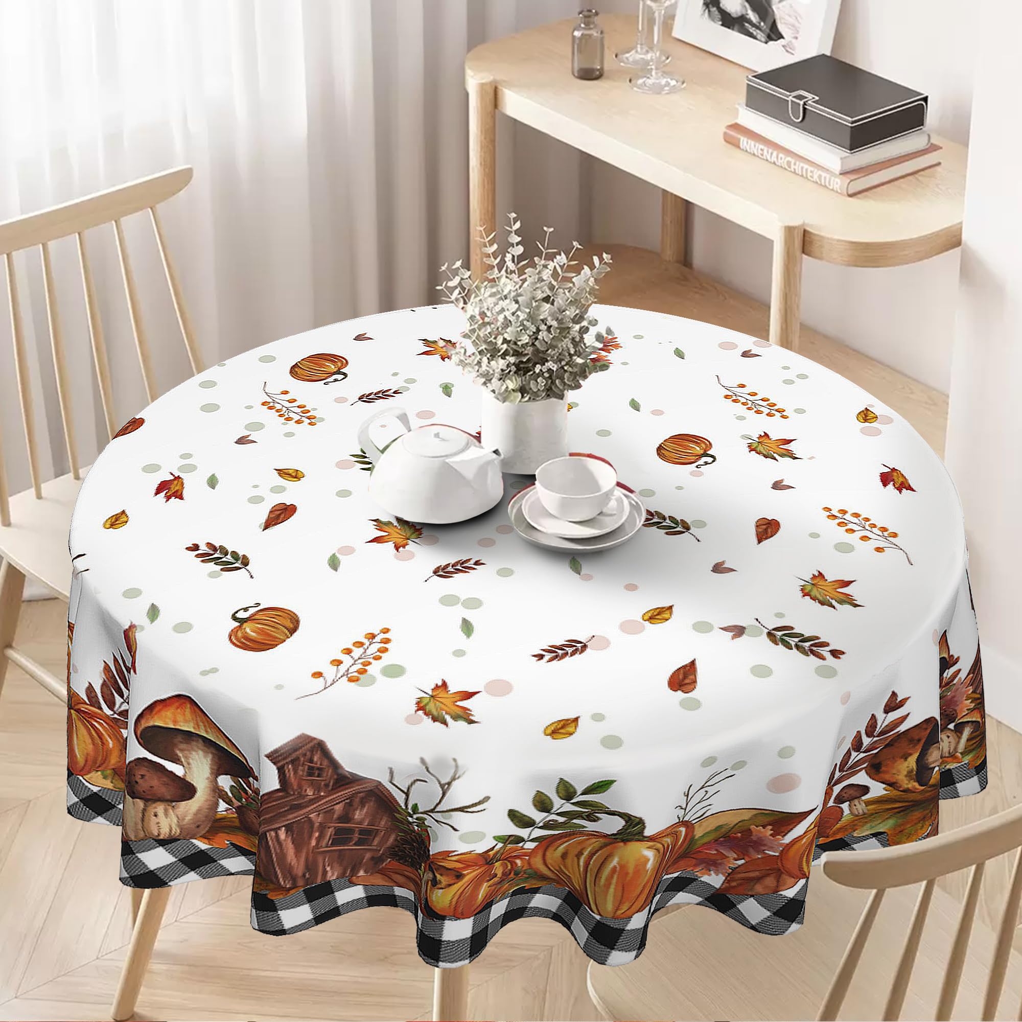 JYKCUL Fall Tablecloth Round 60 Inch, Buffalo Plaid Pumpkin Mushroom Leaves Fall Table Cloth Thanksgiving Autumn Table Cover for Party Picnic Kitchen Dinner Decor