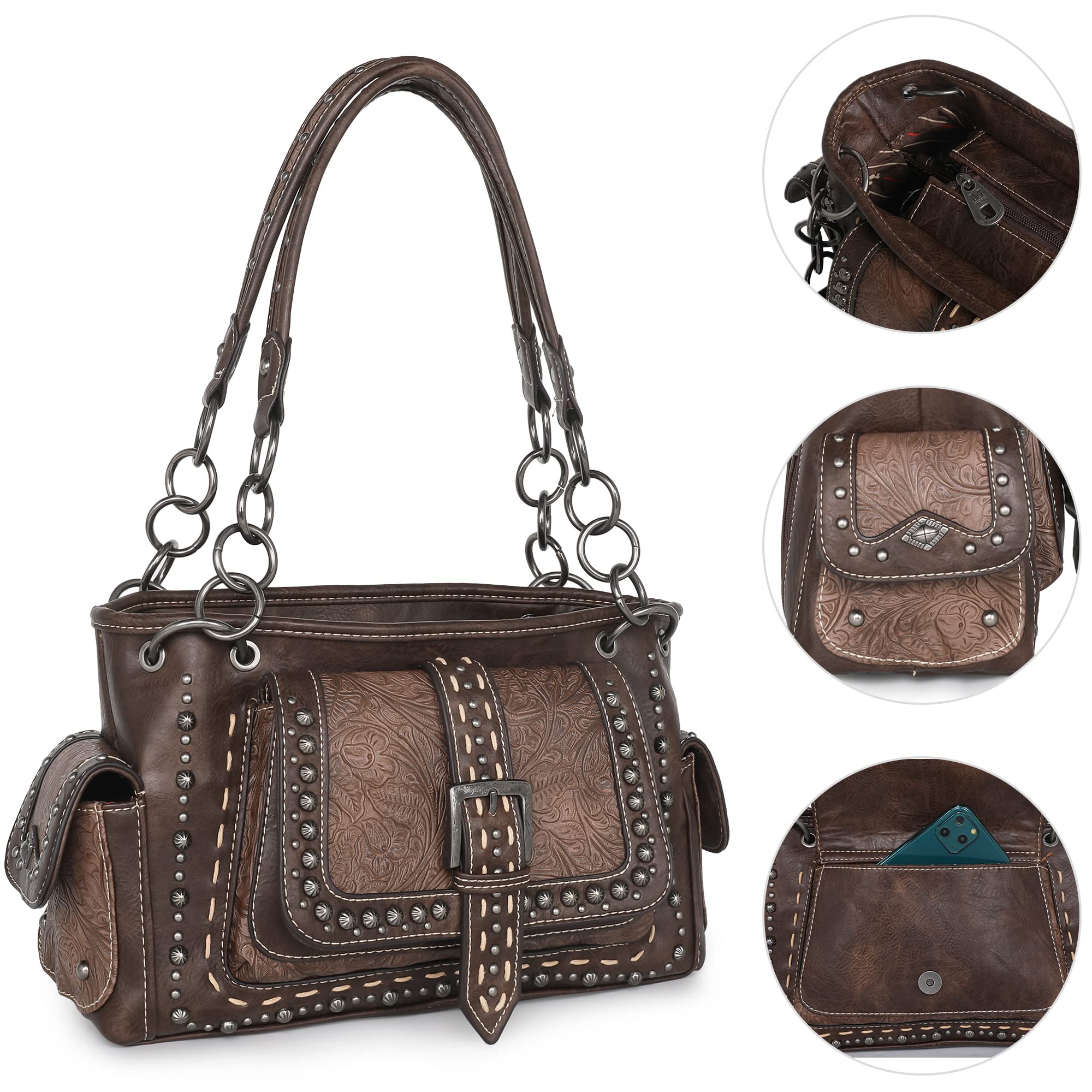 Montana West Western Embossed Collection Tote Bag Vegan Leather Antique buckle silver studs Satchel Handbag with Wallet MBB-MW1117G-8085CF+W