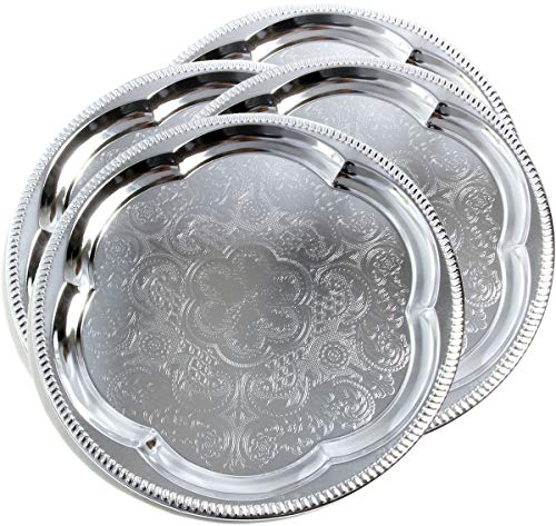 Maro Megastore (Pack of 4) 13.8-Inch Elegant Round Floral Pattern Engraved Catering Chrome Plated Serving Plate Mirror Tray Platter Tableware Holiday Wedding Birthday Party Deco Art (Medium) T226-4pk