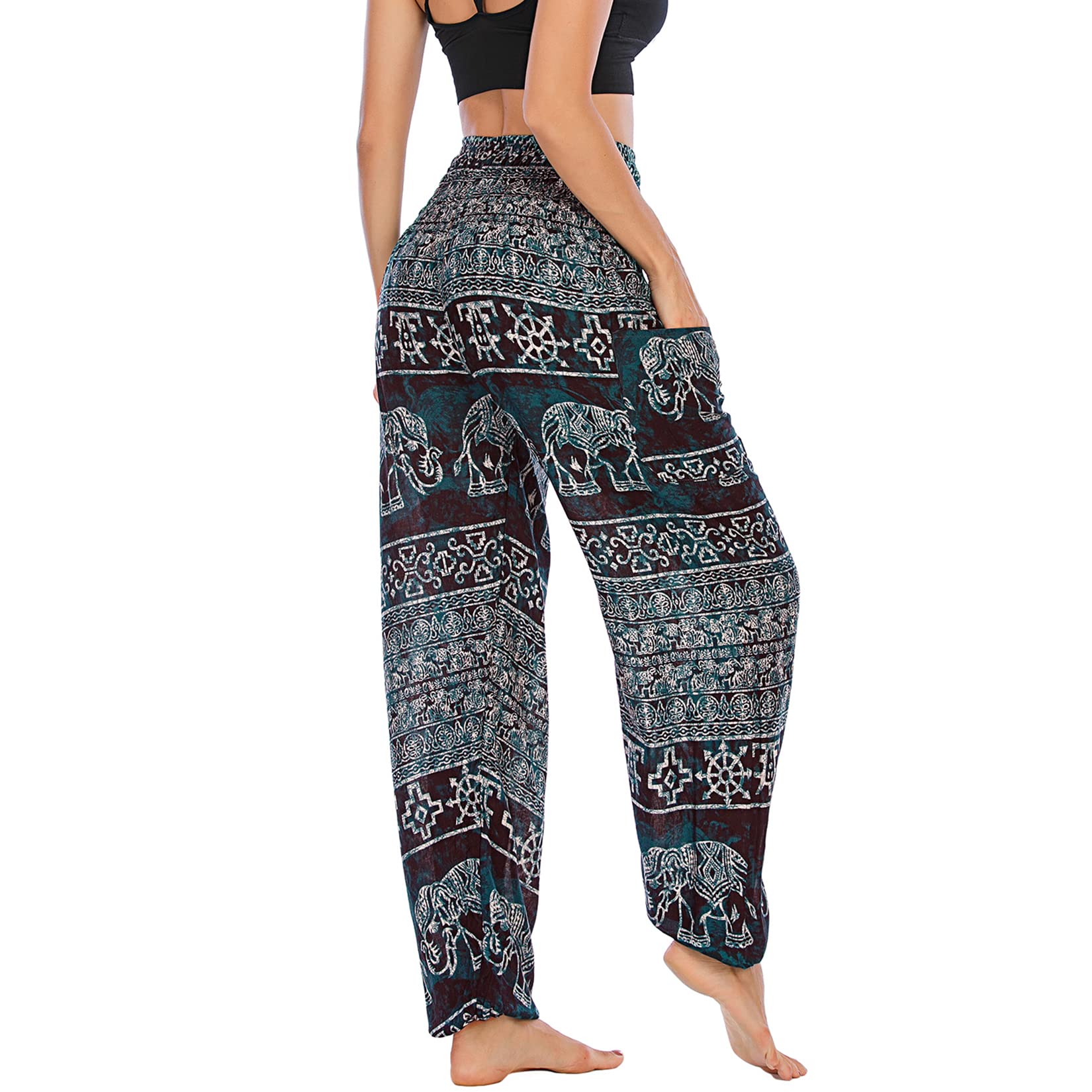 Lu's Chic Women's Smocked Waist Yoga Pant Boho Elephant Printed Bohemian Hippie Cinch Bottom Thai Indian Jogger Elastic Waist Harem Pants Tapered Leg Black One Size