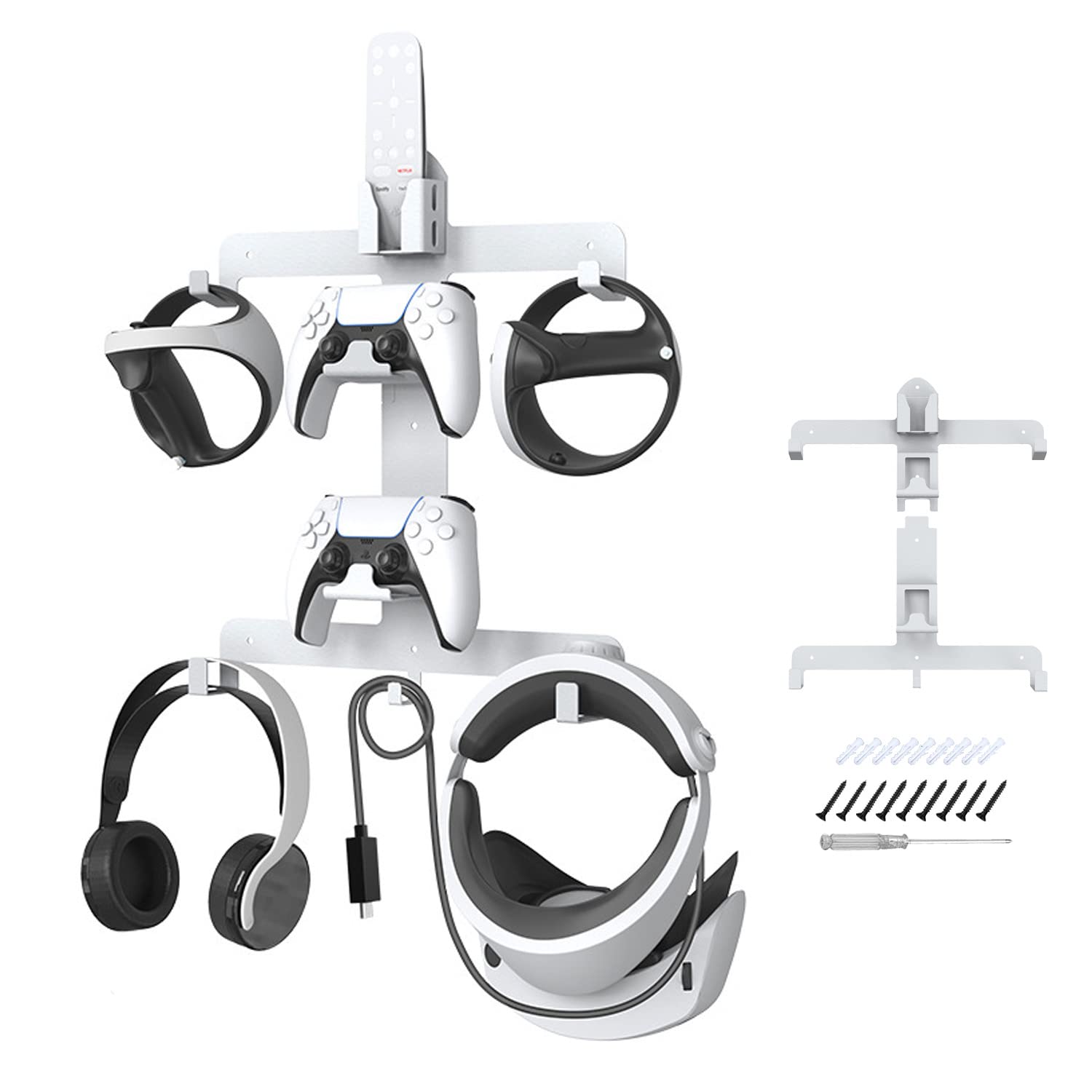 Mviioe VR Wall Mount Stand, All-in-One Wall Shelf Compatible for VR Headset, Controllers, Helmet, Remote, Headstrap, Headphone, Adapter Must Have Accessories(Metal)