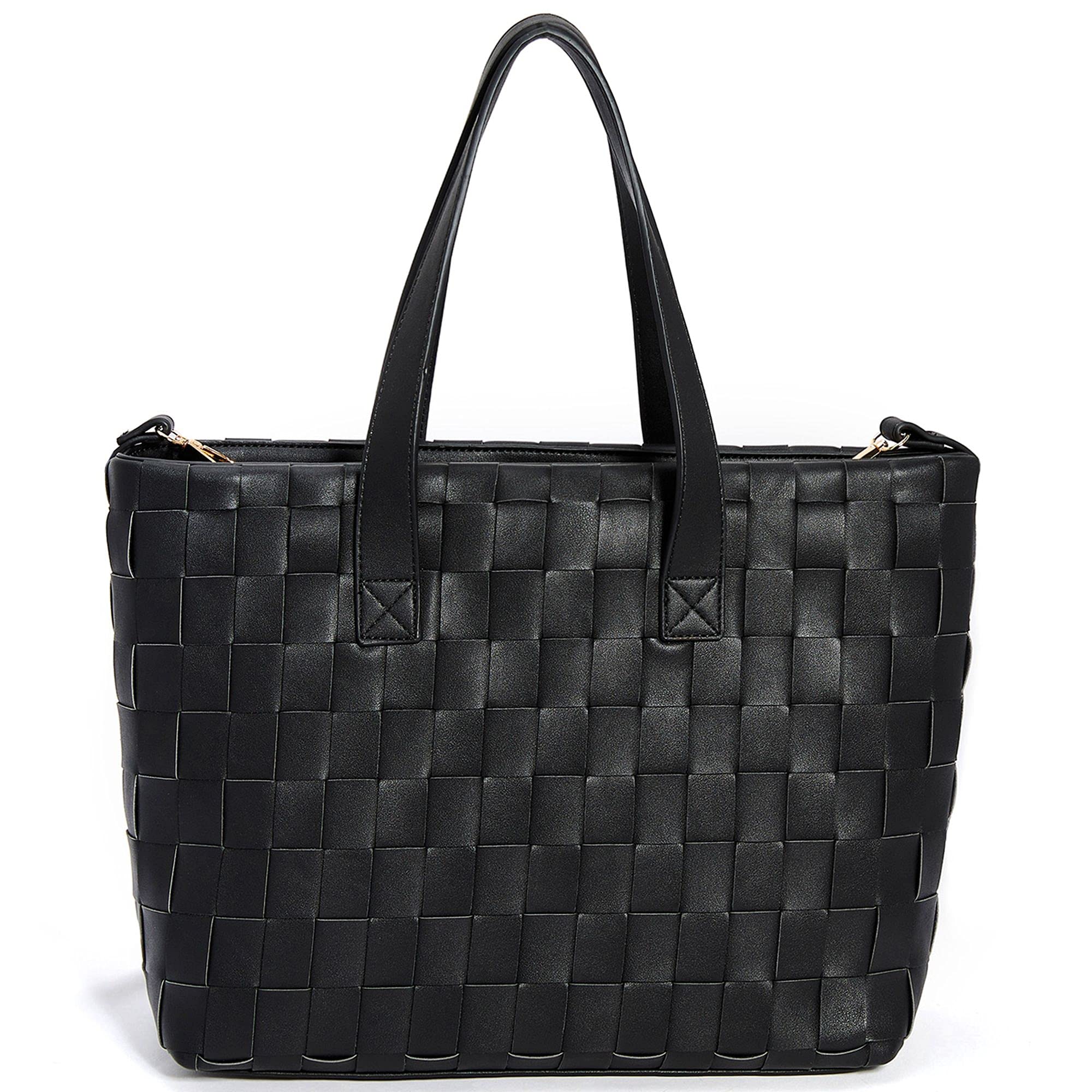 Like Dreams Women's Large Vegan Leather Woven Quilted Top Handle Missy Fashion Tote Bag (Black)