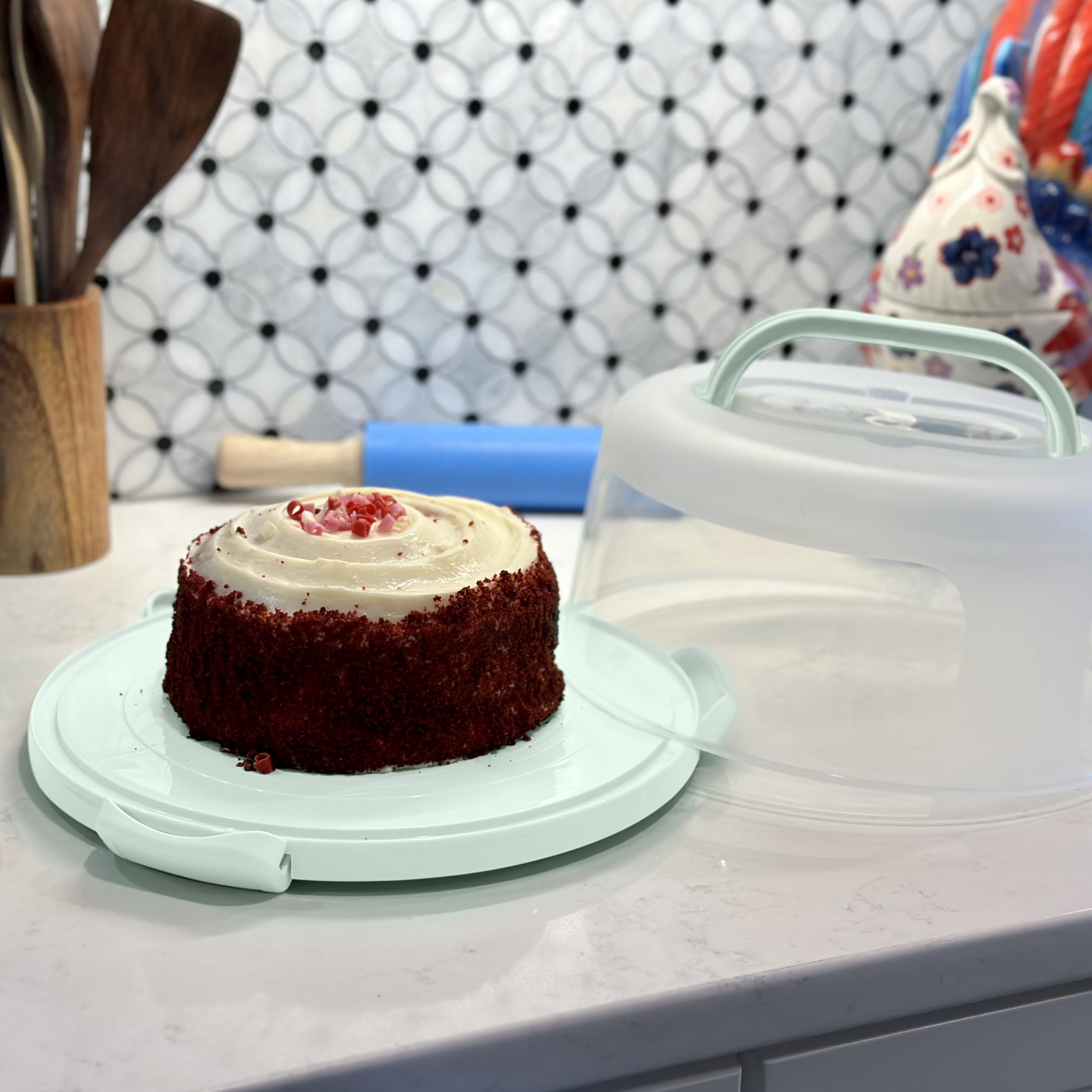 Kivi Cake Carrier with Lid and Handle – Practical Cake Holder with Lid and Sturdy Clamps – Multipurpose Cake Container 10 Inch - Cupcake Carrier fits 11 Cupcakes - Dishwasher Safe