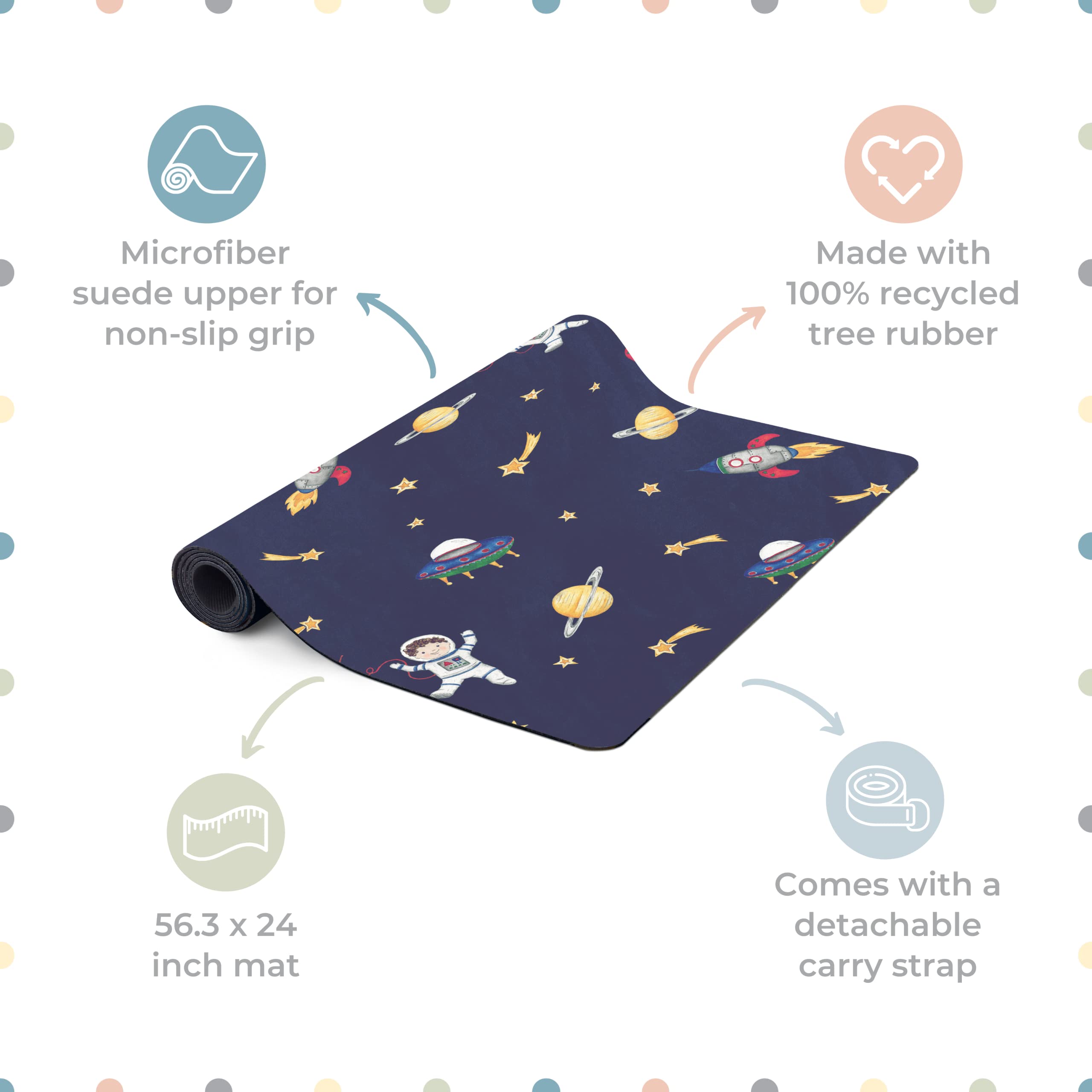 Mindful and Co Kids Printed Lightweight Children's Yoga Mat, 100% Recycled Rubber with Non-Slip Suede for Toddler Preschool & Elementary, Space