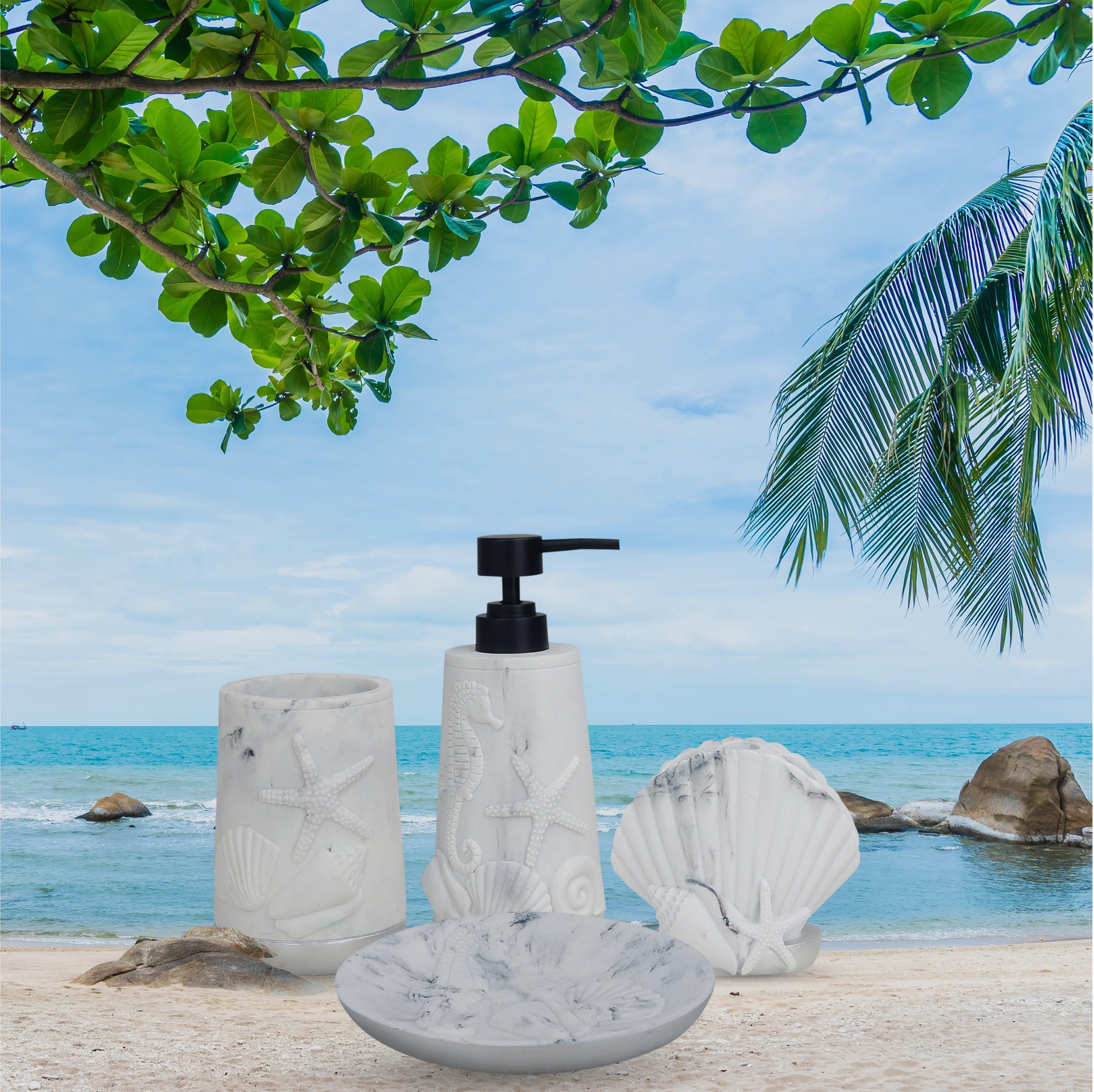 Indecor Home Bathroom Tumbler Cup, Coastal Seashell Marble Design, 100% Resi, Tumbler Cup Holder Organizer Coastal Home Decor, Starfish Seashell Design