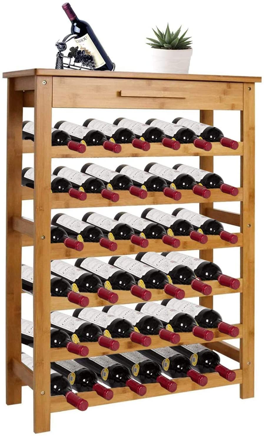 J-SUN-7 7-Tiers Bamboo Freestanding Wine Racks - Storage Shelves for Display 28 Bottles of Wine Containers