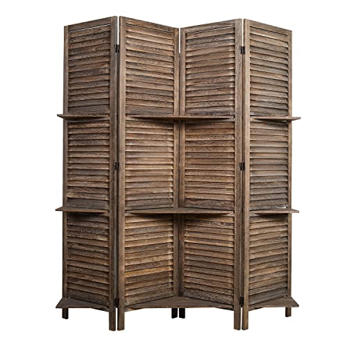 Proman Products Rancho Shelf 4 Panel Room Divider FS17191, Folding Screen, Privacy Screen, Room Partition, Paulownia Wood, (Max Extend with Shelves) 47" W x 11" D x 67" H, Rustic Brown