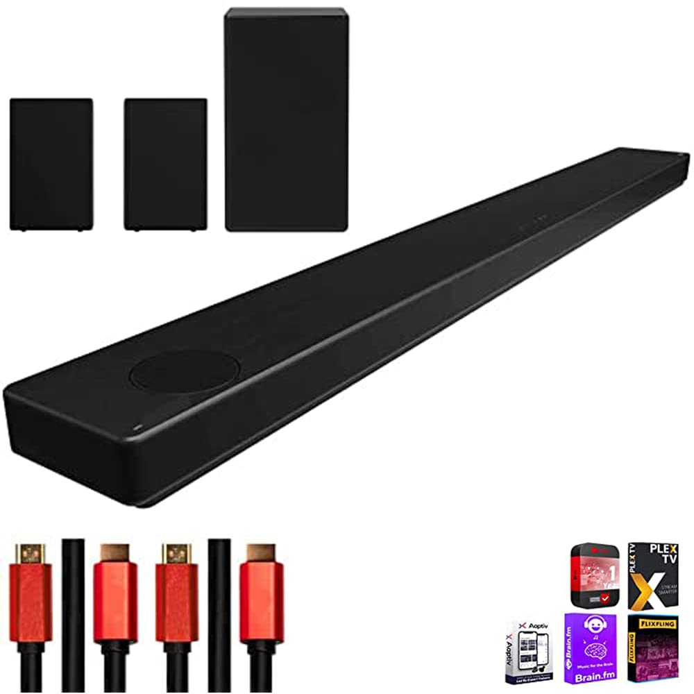 LG SP11RA 7.1.4ch High Res Audio Sound Bar with Dolby Atmos and Surround Speakers Bundle with 1 YR CPS Enhanced Protection Pack, Audio Entertainment Essentials Bundle and 2X Deco Gear HDMI Cable