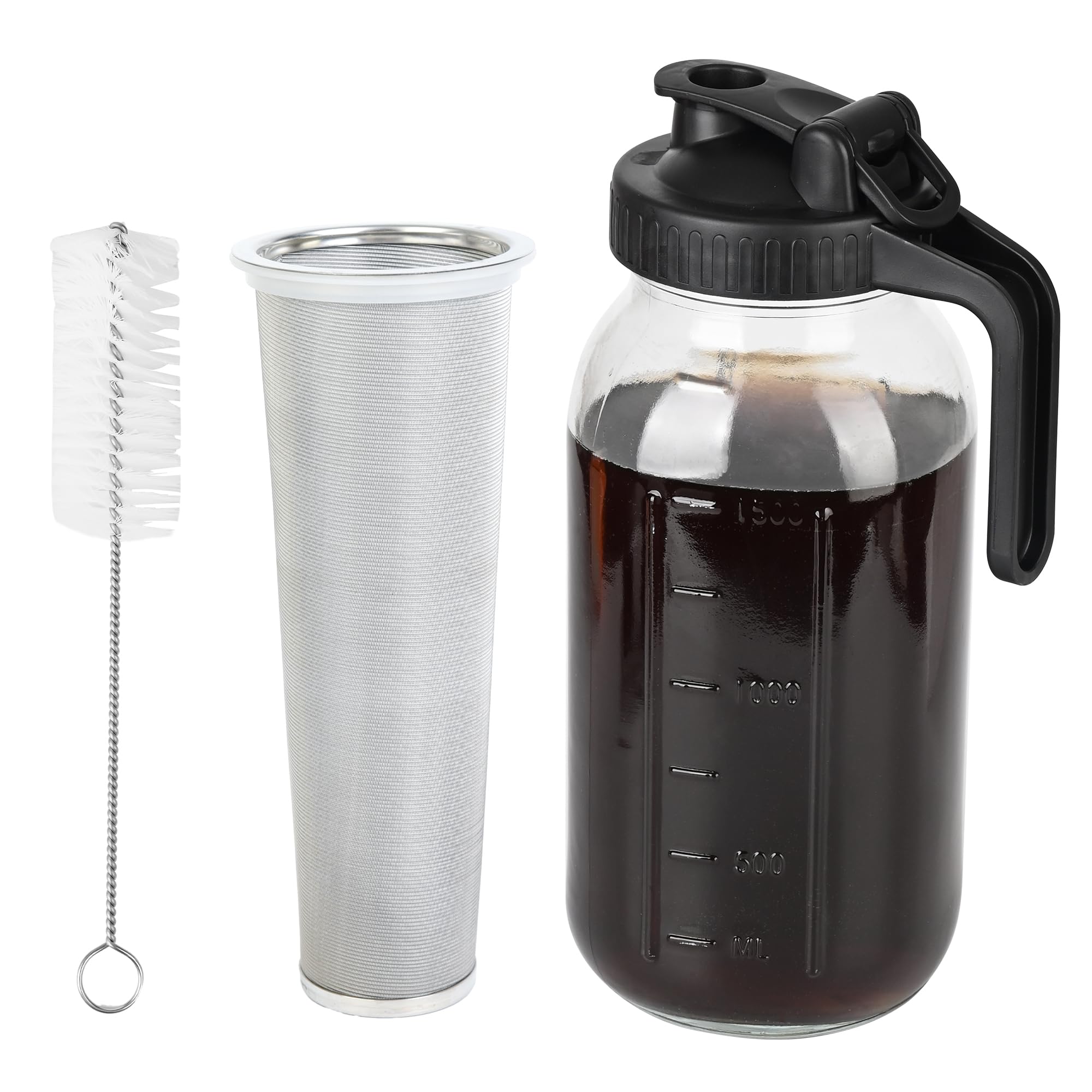 KMIGRUAN Cold Brew Coffee Maker-64oz (2 Quart) Durable Glass Mason Jar Cold Brew Pitcher, Flip Cap Lid with Handle,Stainless Steel Super Dense Filter for Iced Brew Coffee, Iced Tea, Sun Tea