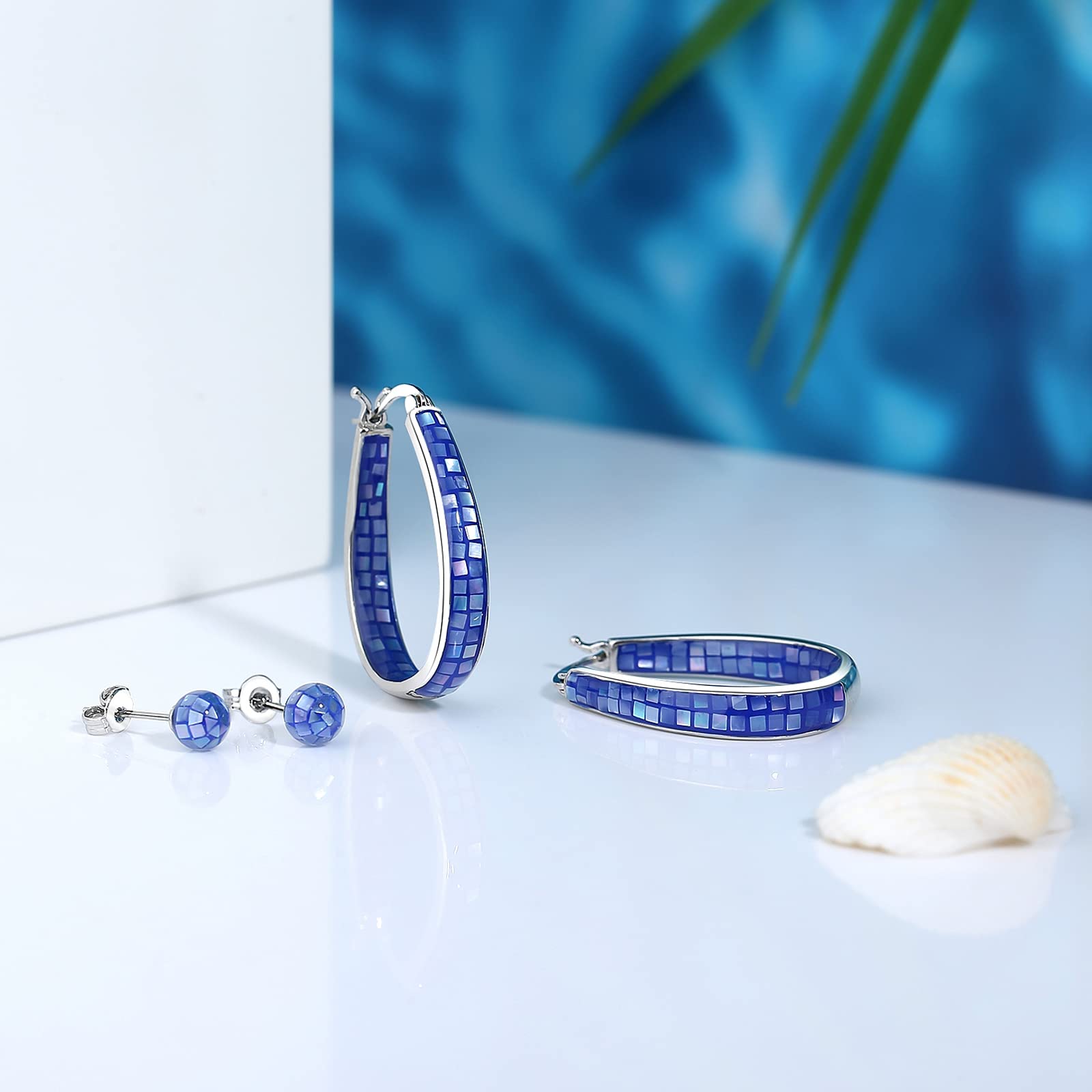 MUYUU Rhodium Plated Oval Inside Out Abalone Shell Hoop Earrings For Women Fashion Jewelry Gift