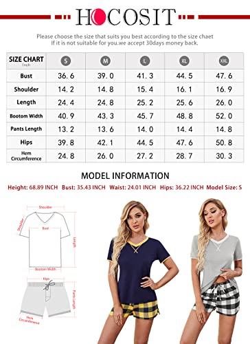 HOCOSIT Womens Pajama Set V-Neck Short Sleeve with Plaid Shorts Sleepwear Summer Lounge Pj Set S-XXL Navy X-Large