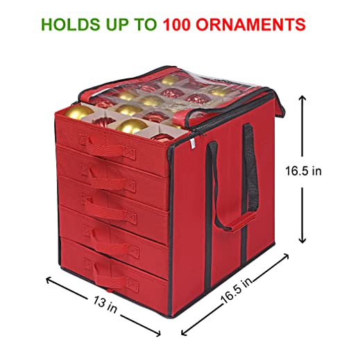 ProPik Christmas Ornament Storage Boxes with Dividers - 5 Separate Trays - Ornament Holder - Keeps 100 Holiday Ornaments - Durable Carrying Bag Handles Organizer Storage Box (Red)
