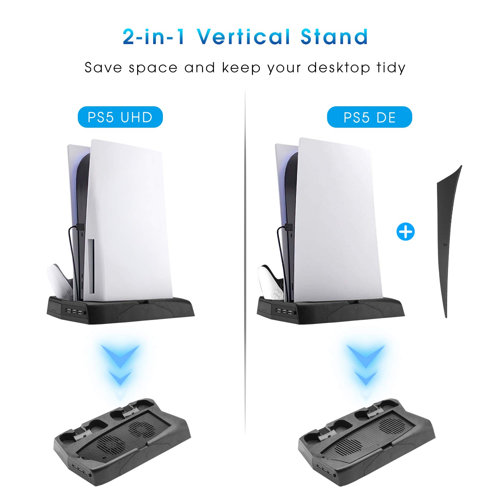 Kootek Vertical Stand with Controller Charging Station for Playstation 5 Console, 2 Cooling Fan for PS5 and PS5 Digital Edition, Dual Controller Charger Station for PS5 Controller Accessories
