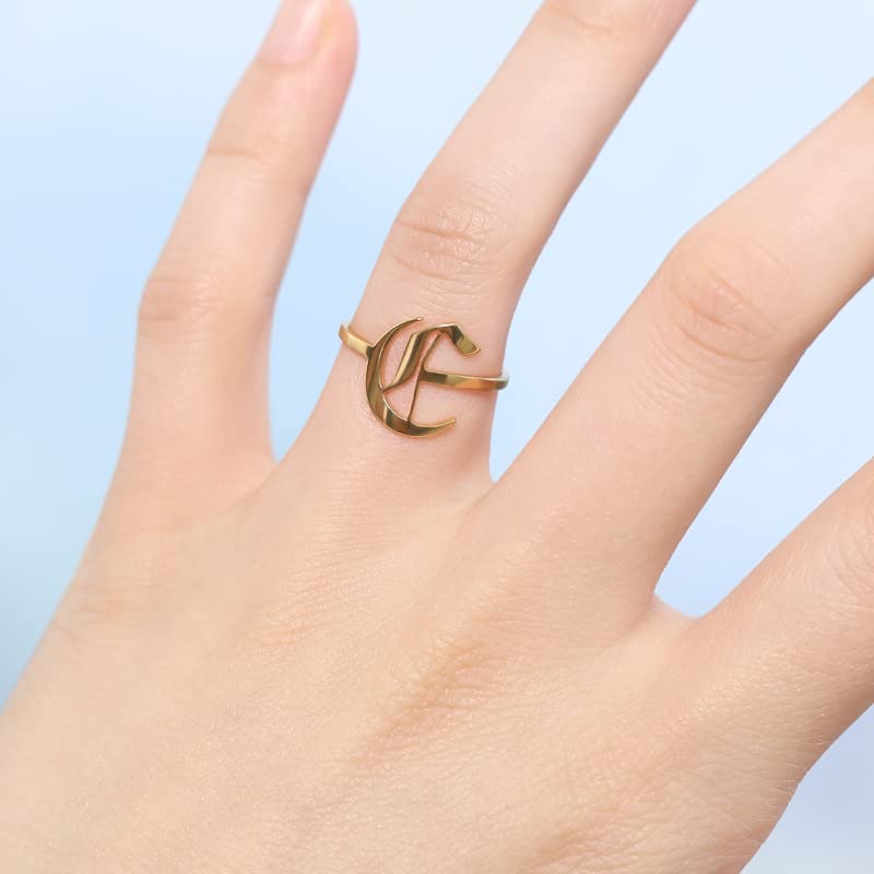 LOYJOY Letter Rings For Women Old English Font Ring A-Z Letter Gold Adjustable Opening Initial Ring - A - Platinum Plated - Resizable