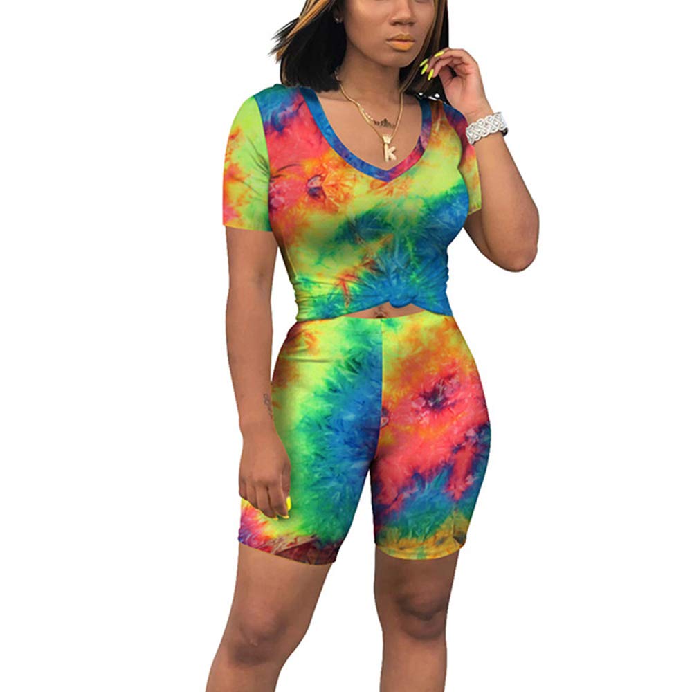 JNINTH Two Piece Tie Dye Outfits Casual V Neck Women Tracksuits Shorts Sets (Bright Green, s)