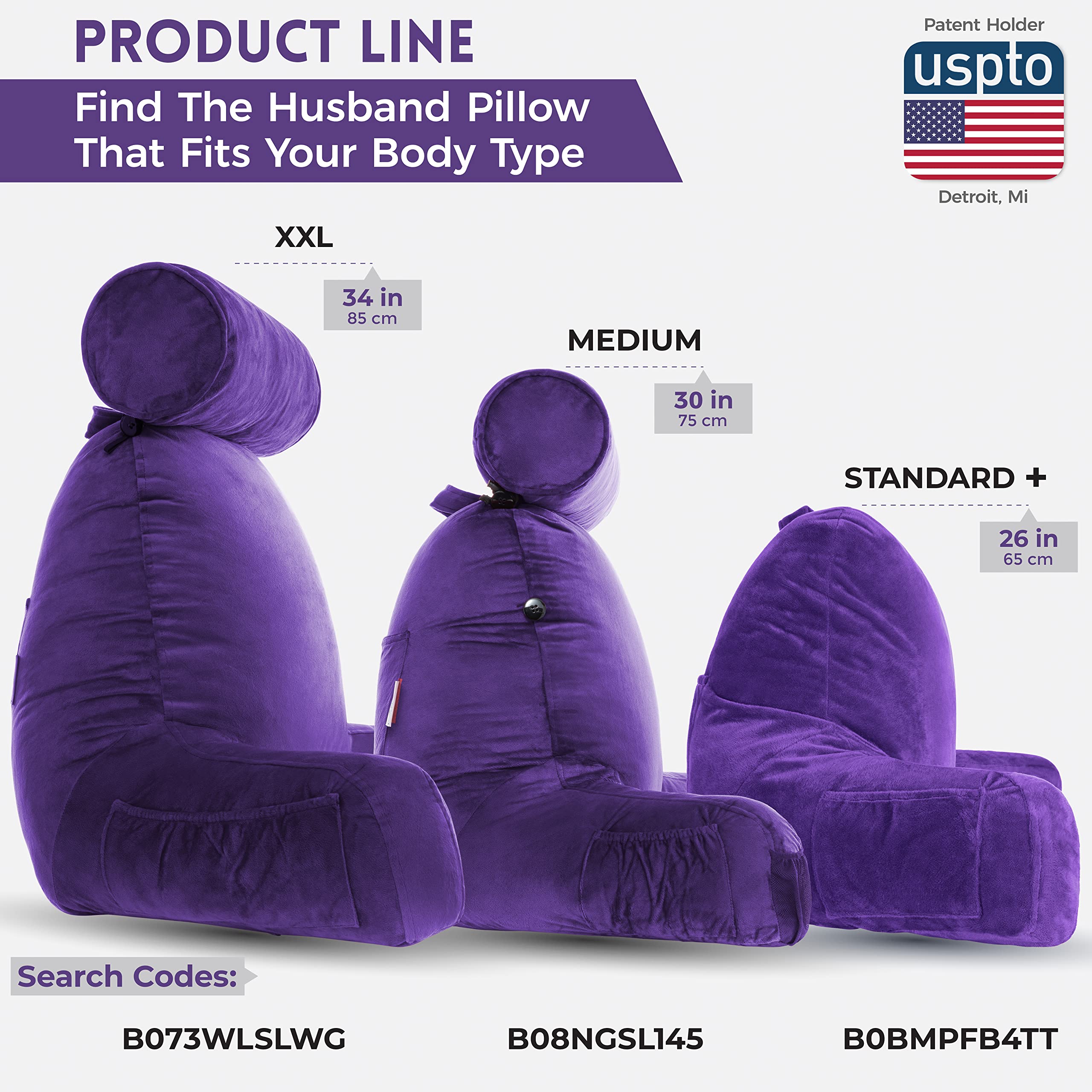 Husband Pillow Combo - Backrest Pillow with Arms : XXL Purple & Foldable Laptop Tray : Brown - Memory Foam Reading Pillows for Bed w/Removable Neck Roll & Laptop Bed Tray Table