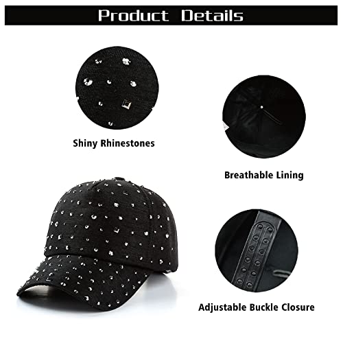 OYOWUOT Women's Rhinestone Baseball Cap, Bling Hat with Sequin Studded Crystals, Casual Glitter Diamonds Cap(Black)