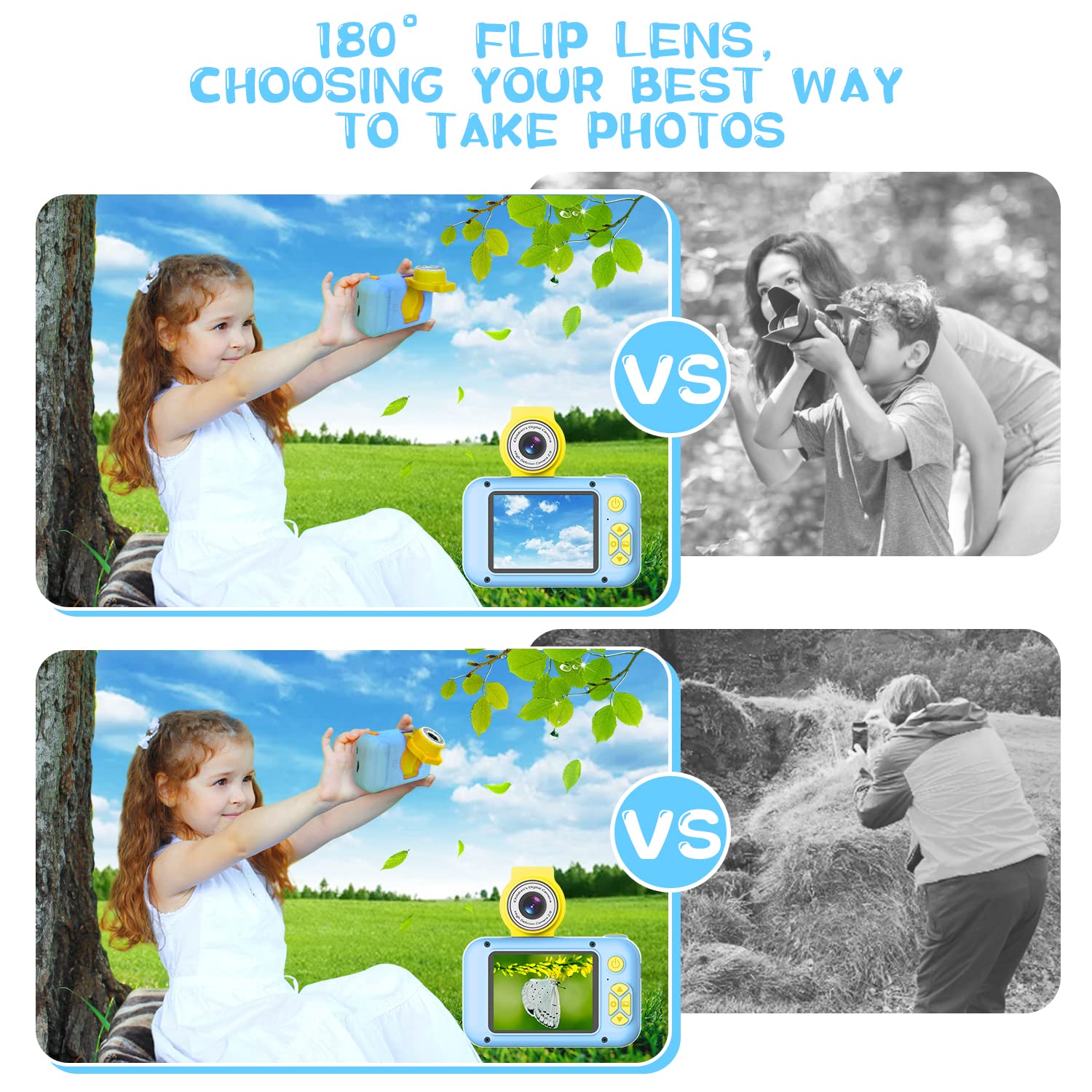 Kids Camera with 180° Flip-Up Lens, 2.4inch HD IPS Screen Digital Camera for Kids with Astronaut Silicone Case, with 32GB SD Card