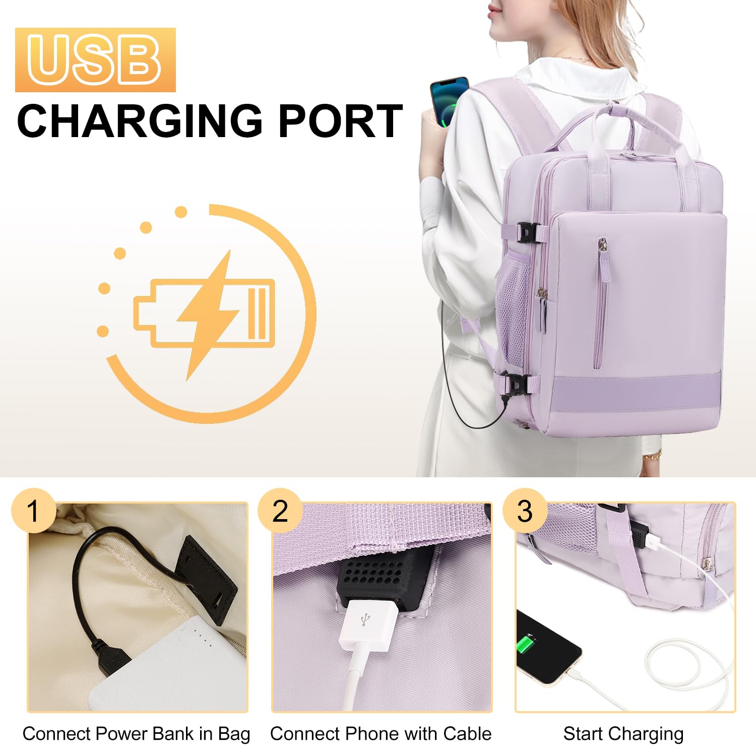 InduSKY Large Travel Backpack for Women, 40L Carry On Backpack Airline Flight Approved with USB Charging Port Shoes Compartment, Personal Luggage Backpack 15.6 Inch Laptop Backpack(Beige+Purple)
