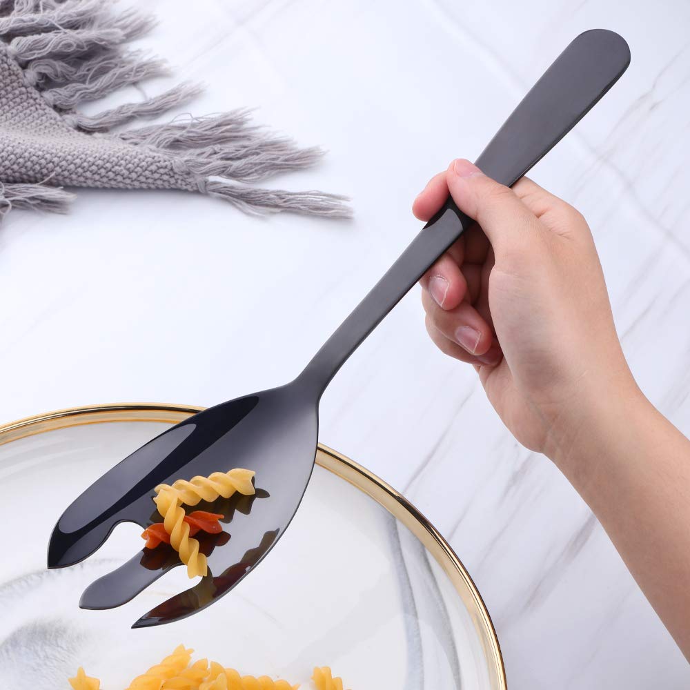 Mingcheng 12 Inches Stainless Steel Salad Server Sets with Salad Spoon and Fork, Cooking Utensils for Kitchen, Simple and Classic Dishwasher Safe(Black)