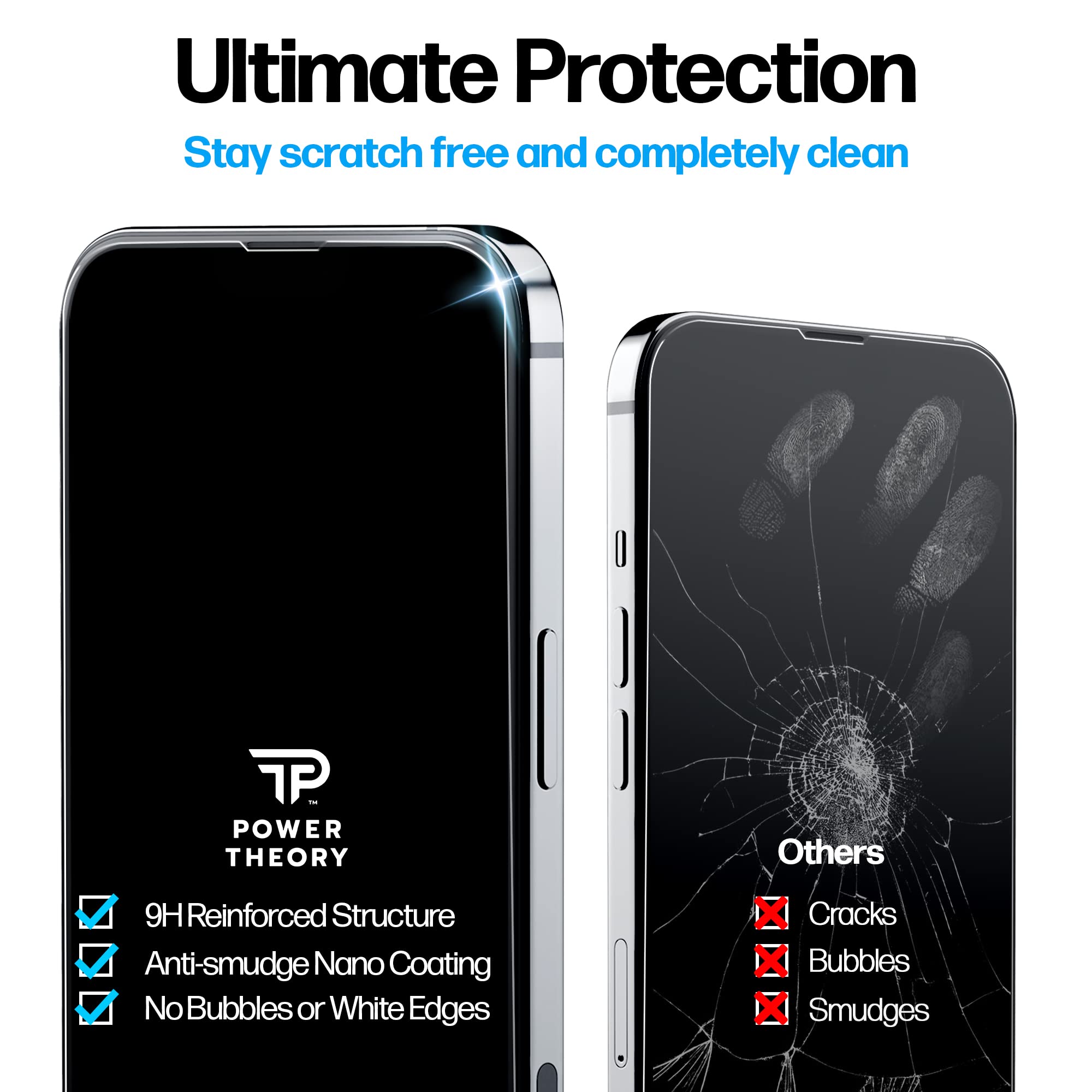 Power Theory [2 Pack Screen Protector for iPhone 14 Pro Premium Shatterproof Temptered Glass [9H Hardness], Easy Install Frame, 99.99% HD Clear, Bubble Free, Case Friendly, Anti-Scratch, Anti-Smudge