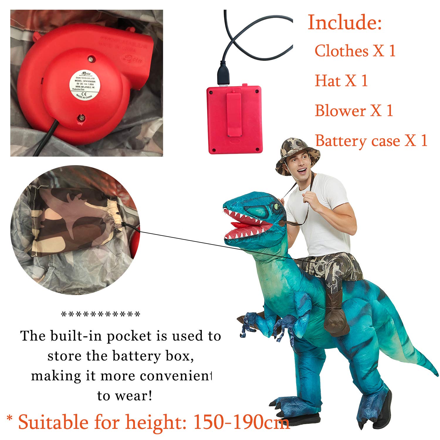 Inflatable Dinosaur Rider Costume Halloween T-Rex, Velociraptor, Blow Up with Inflation Fan (Blue)