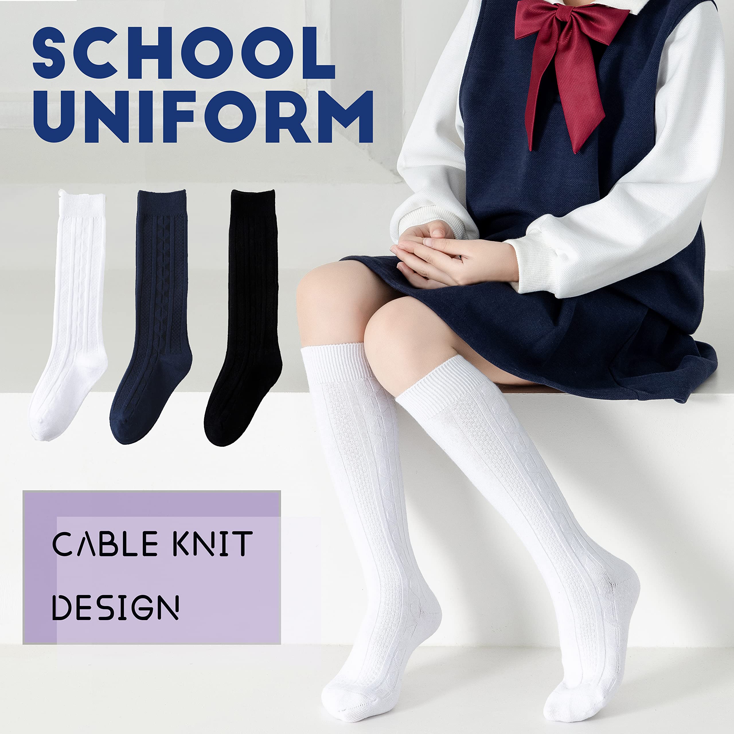 Marchare Girls Knee High Socks Kids School Uniform Seamless Cable Knit Cotton Stockings White/Black/Navy 3 Pack 5-7 Years