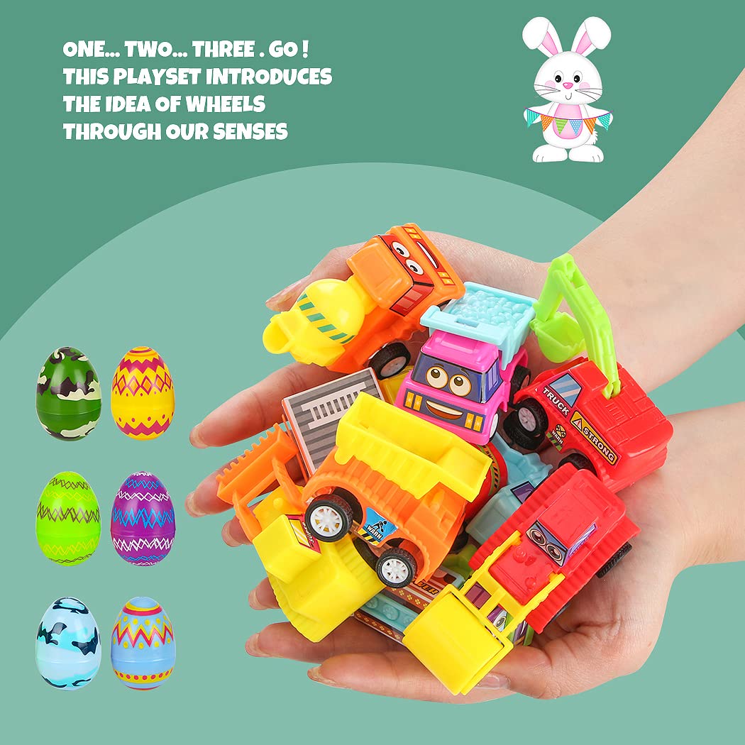 Oroalbb 27Pcs Easter Eggs with Toys Inside, Easter Eggs Filled with Pull Back Cars for Boys for Basket Stuffers/Filler, Easter Eggs with Construction Vehicles Toy
