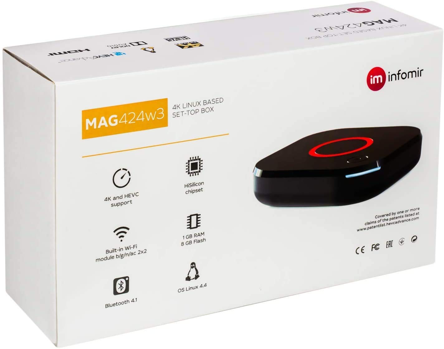 Infomir Mag 424 W3 (Mag 424W3) 4K 2160P Hevc 600Mbps Built-in Dual Band WiFi, Bluetooth, HDMI Cable 1 GB RAM, 8 GB eMMC (Faster than Mag 324w2 322W1)