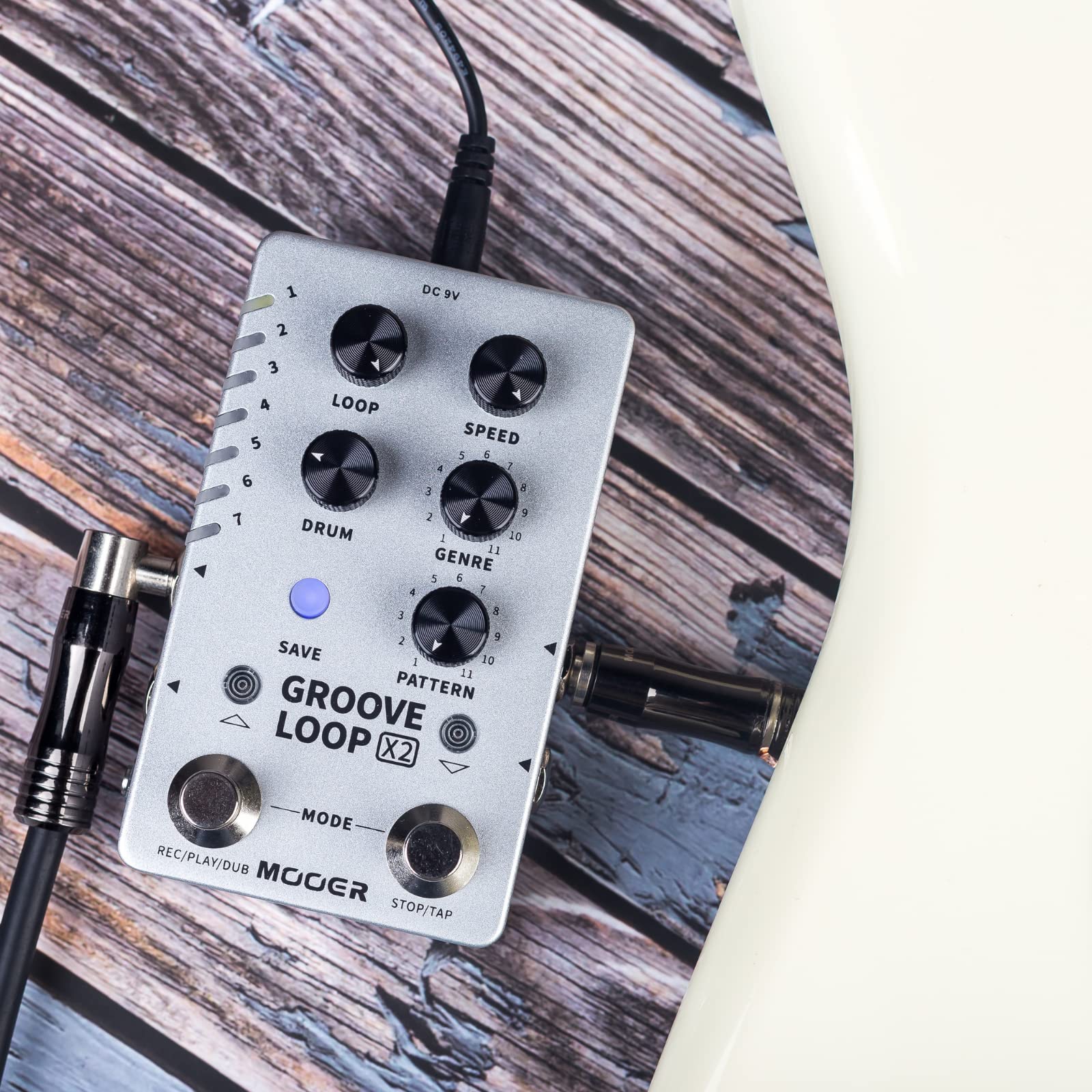 MOOER Groove Loop X2 Stereo Guitar Looper Drum Machine with Clip On Guitar Tuner and Cold Color Footswitch Topper