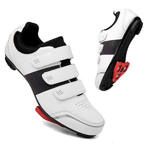 Men's Cycling Shoes Indoor Road Bike Shoes Reflective Hook-Ring Compatible Peloton with Delta Cleats,White,8.5