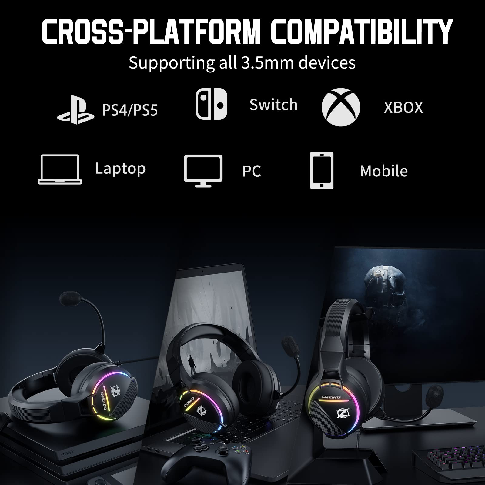 Ozeino Gaming Headset for PS4 PS5 Xbox Series X|S, Xbox One, 3D Stereo Surround Headset with Microphone, Lightweight Comfortable, RGB Dynamic Lighting Gaming Headphones for PC, Switch, Laptop, Mobile