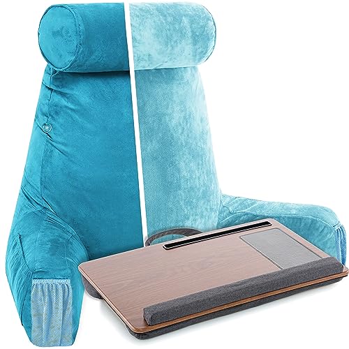 Husband Pillow Combo - Backrest Pillow with Arms : Medium Rodeo Blue & Foldable Laptop Tray : Brown - Aspen Memory Foam Reading Pillows for Bed w/Removable Neck Roll & Laptop Bed Tray Table