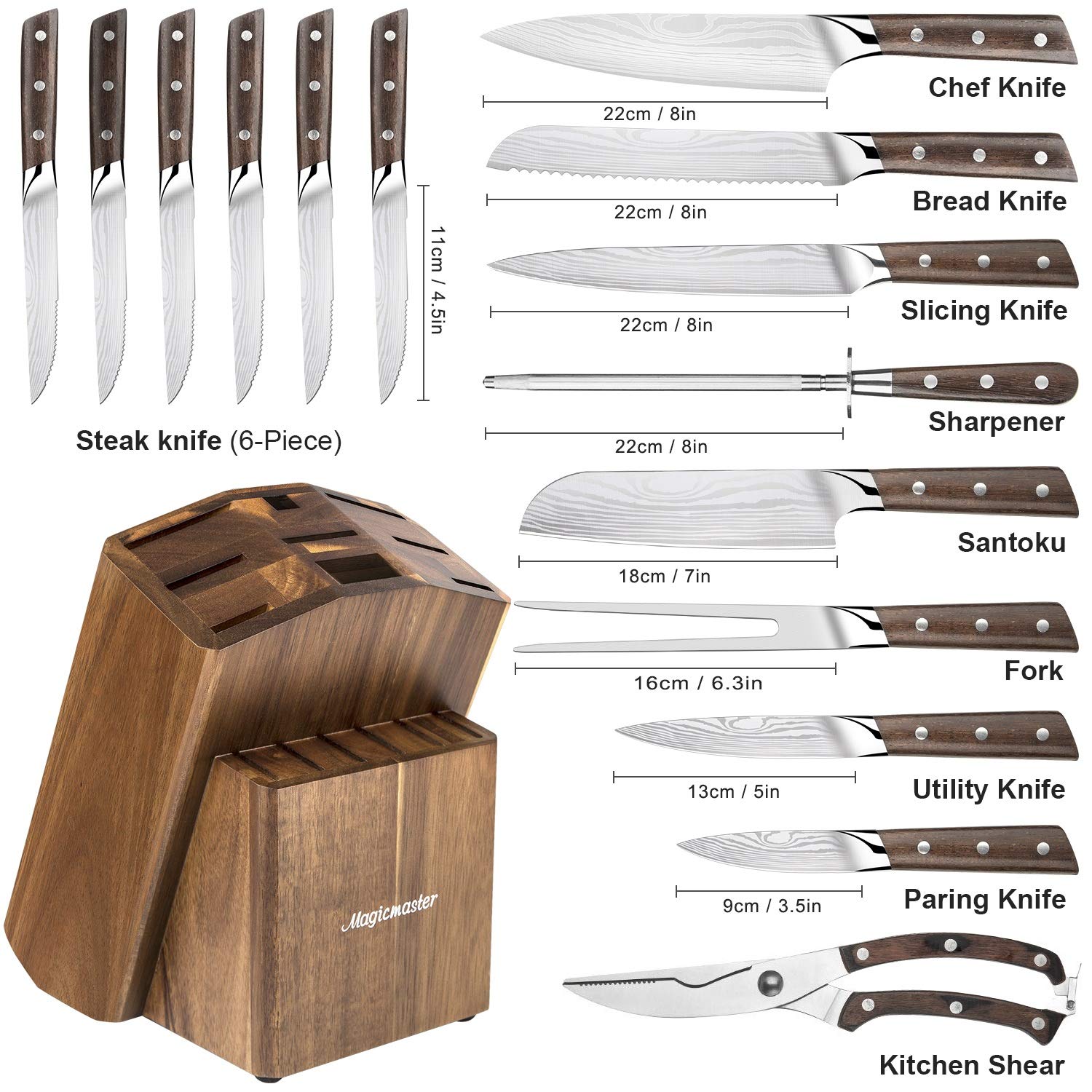 Knife Set, 15pcs Kitchen Knife Set with Wooden Block β German High Carbon Stainless Steel Professional Chef Knife Block Set, Manual Sharpening, Forged, Full-Tang