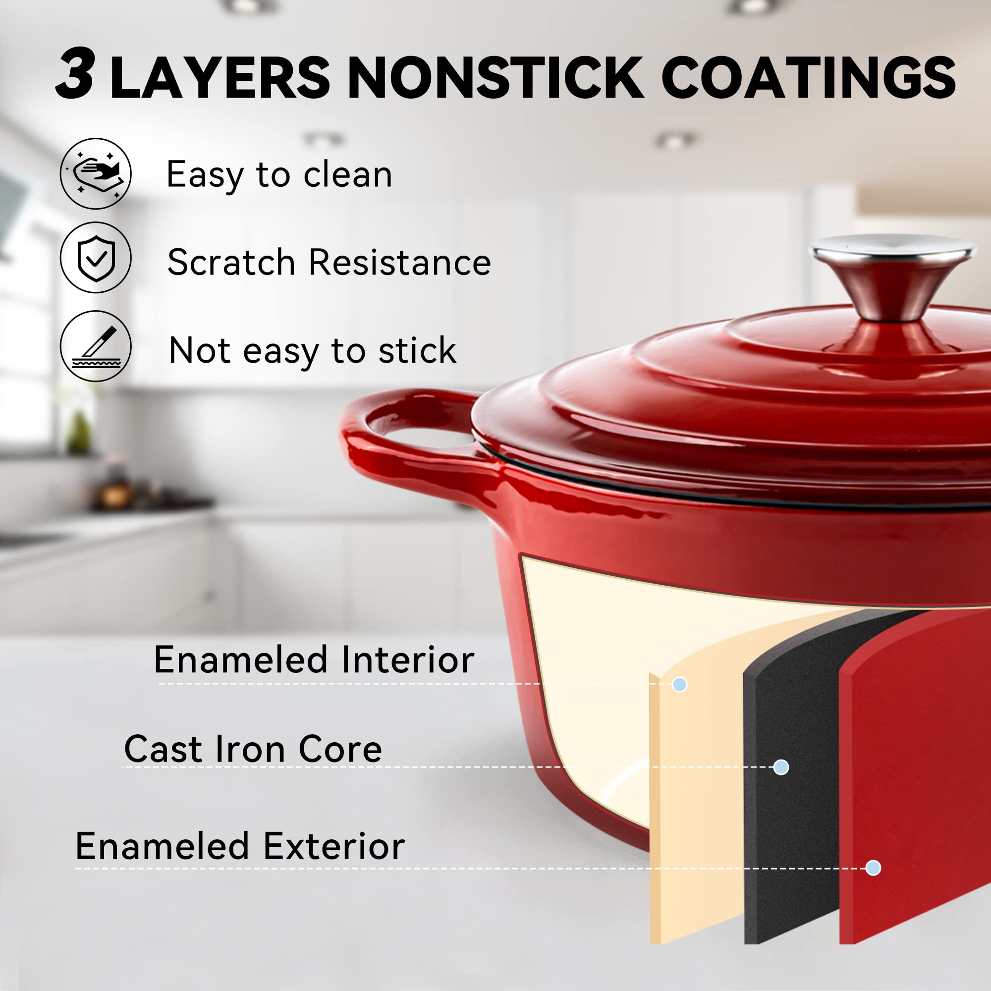 Miereirl 6 QT Enameled Dutch Oven Pot with Lid, Cast Iron Dutch Oven with Dual Handles for Bread Baking, Cooking, Non-stick Enamel Coated Cookware (Red)