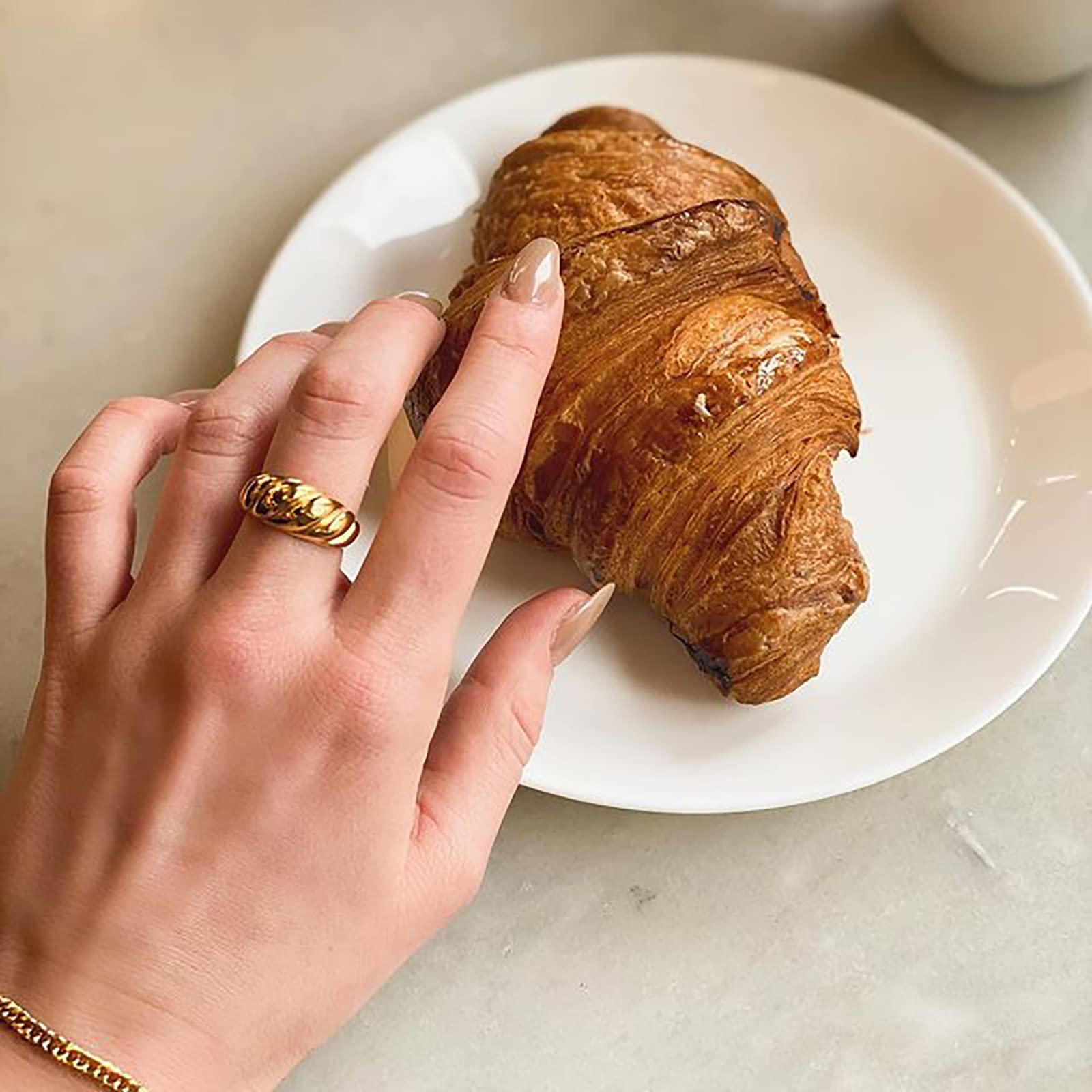 JINEAR 18k Gold Plated Croissant Braided Twisted Signet Chunky Dome Ring Stacking Star Band for Women and Men Statement Wedding Ring Minimalist Jewelry(Croissant ring,10)