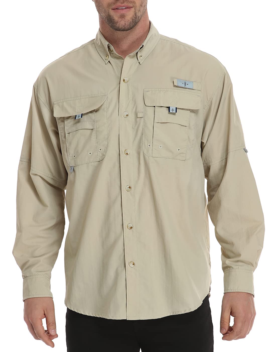 LRD Men's UPF 30 Long Sleeve Fishing Shirts Button Down Sun Protection Shirt Khaki - M