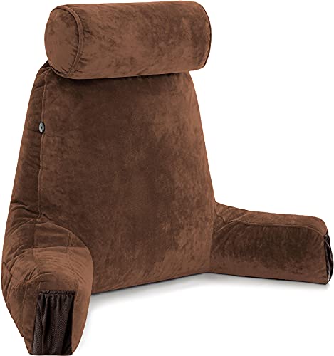 Husband Pillow Combo - Backrest Pillow with Arms : Medium Chocolate & Foldable Laptop Tray : Brown - Memory Foam Reading Pillows for Bed w/Removable Neck Roll & Laptop Bed Tray Table