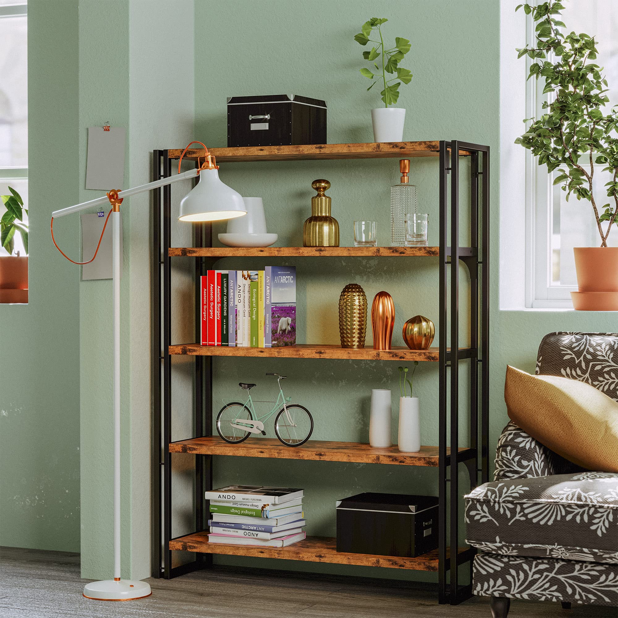 IRONCK Bookshelf and Bookcase 5 Tier, Wood and Metal Bookshelves Storage Shelves for Home Office, Sturdy Easy Assembly, Rustic Brown