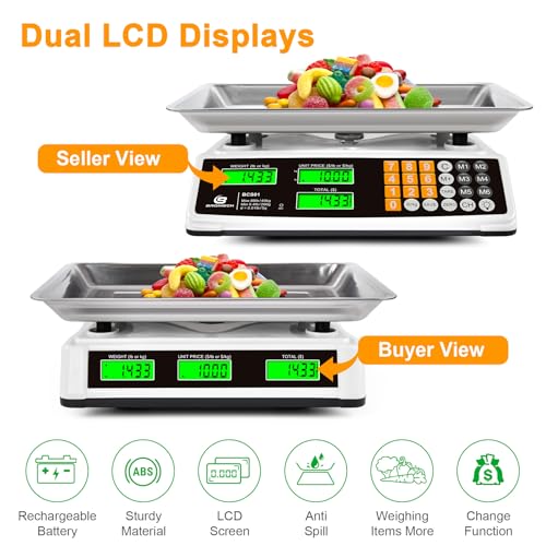 Price Computing Scale 88lb/40kg Commercial Food Scale for Produce Meat with Stainless Steel Large Platform, LCD Display, and Green Bright Backlight for Farmers Markets, Deli, (Not for Trade)