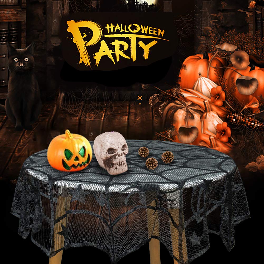 Korlon Halloween Tablecloth, 2 Pcs Halloween Decorations Indoor Spider Web Table Cloth, 54βx 72β Rectangular & 42β Round Black Lace Tablecloth Cover for Halloween Home Party Kitchen Table Decor